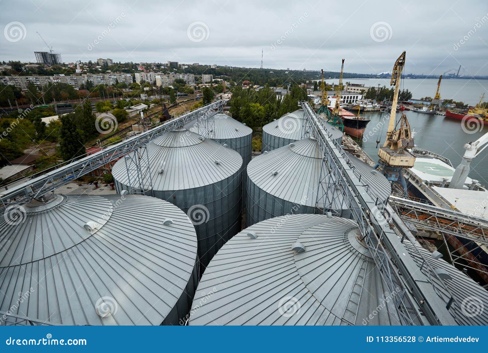 Modern Grain Terminal. Metal Tanks of Elevator. Grain-drying Complex ...