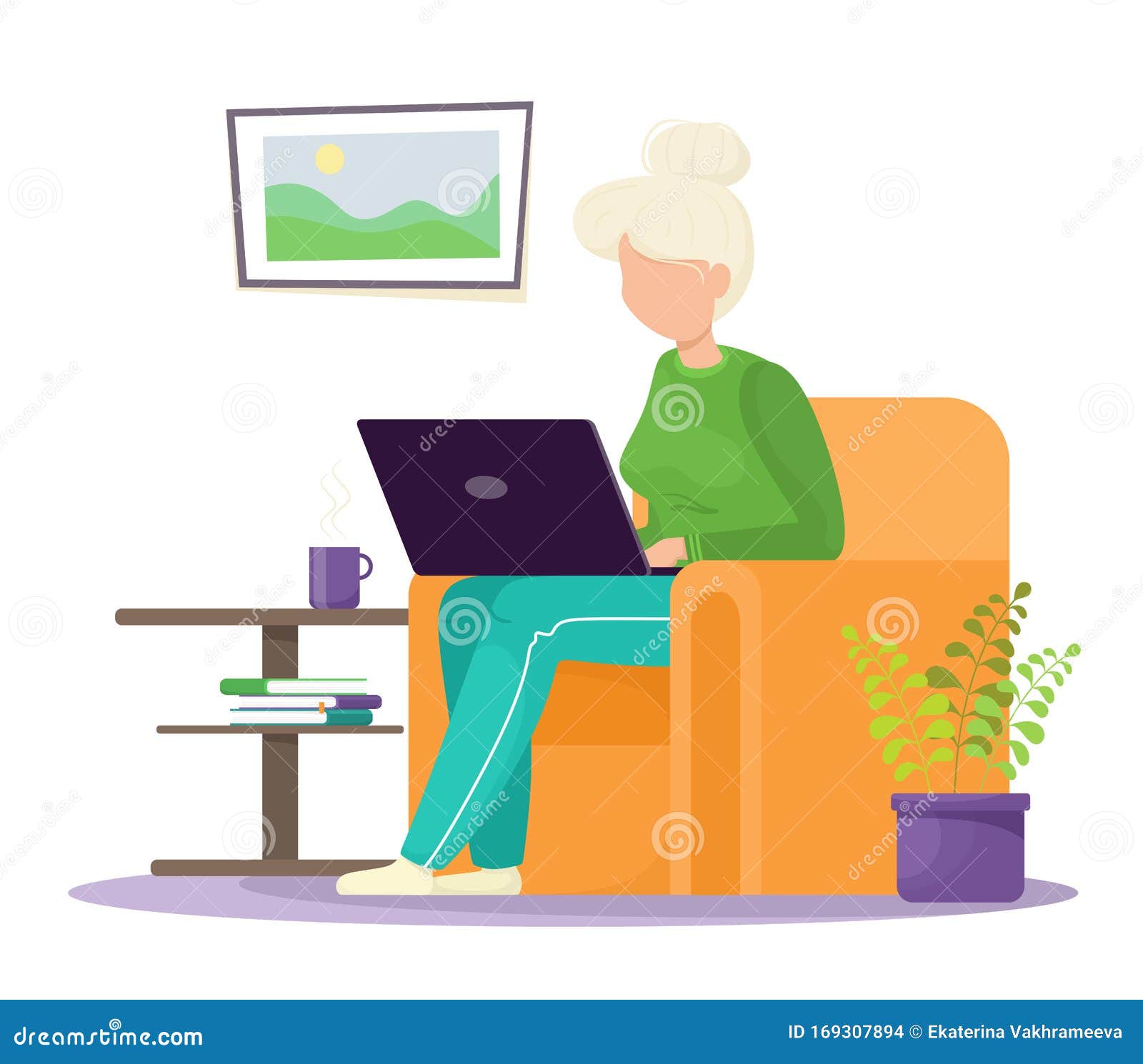 A Modern Grandmother Sits in a Chair at a Computer and Communicates ...