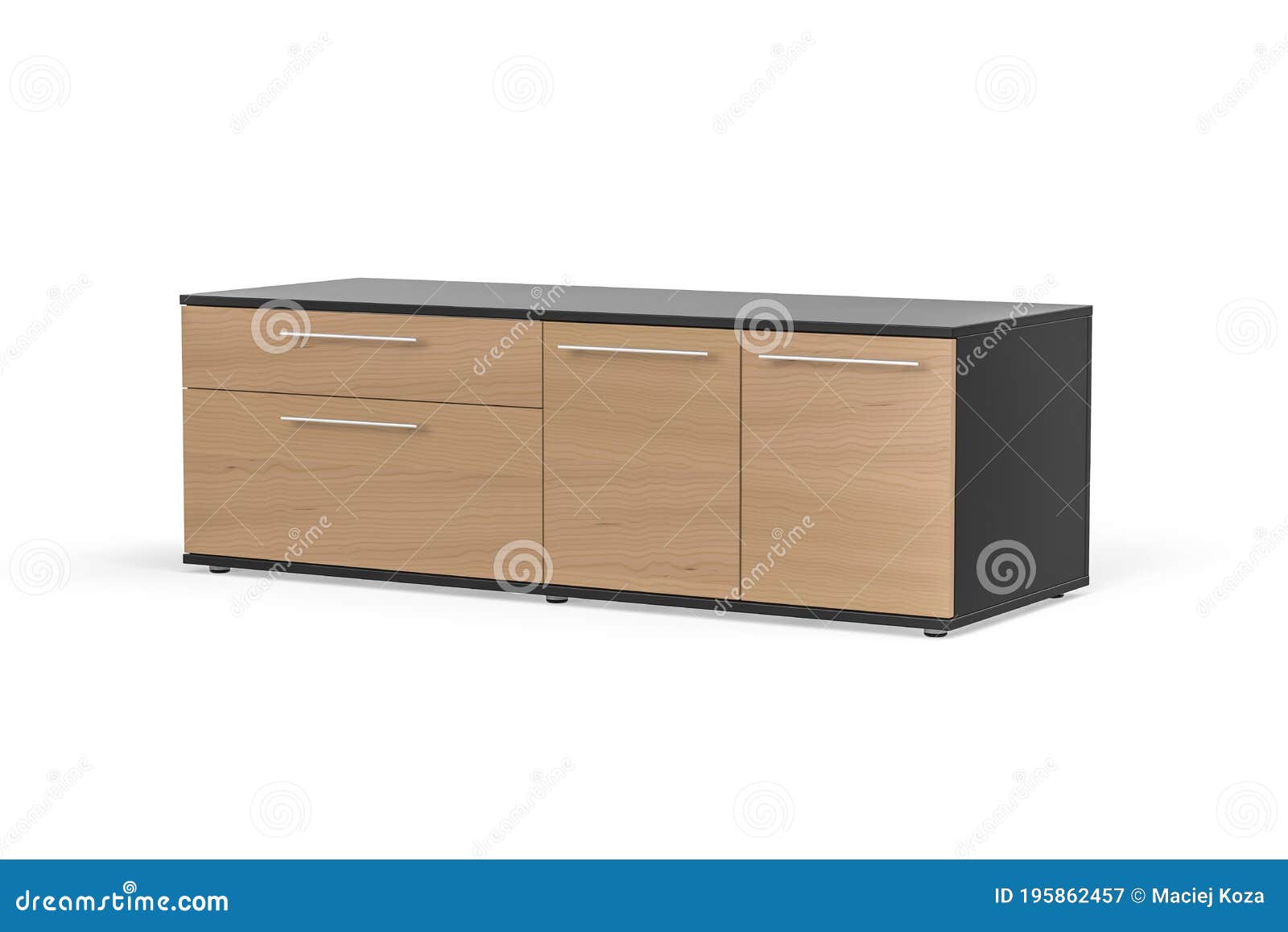 Modern Graphite Low Office Cabinet With Pine Fronts On White Background ...