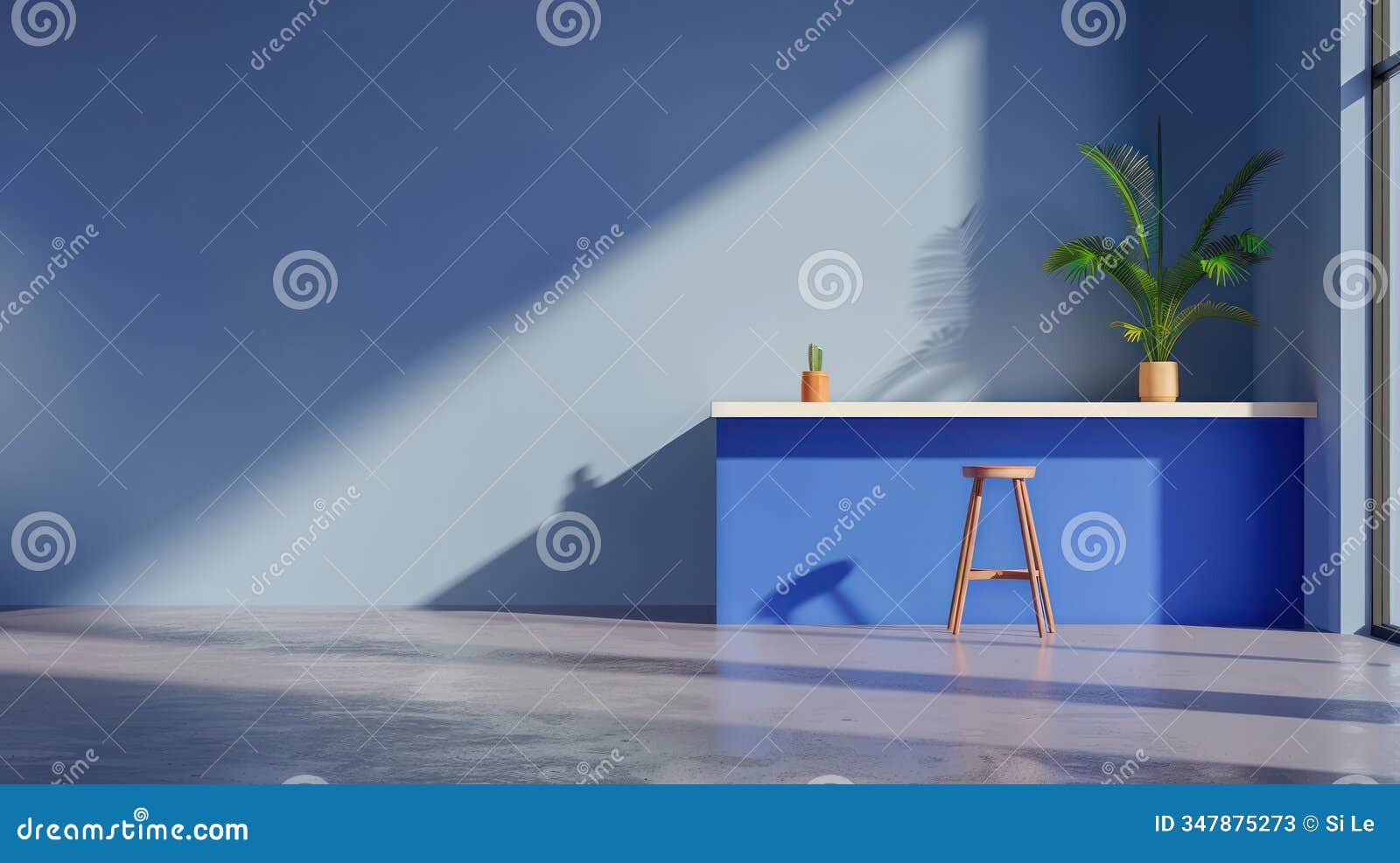 Modern Gray and Blue Kitchen with Island and Empty Wall Space Stock ...