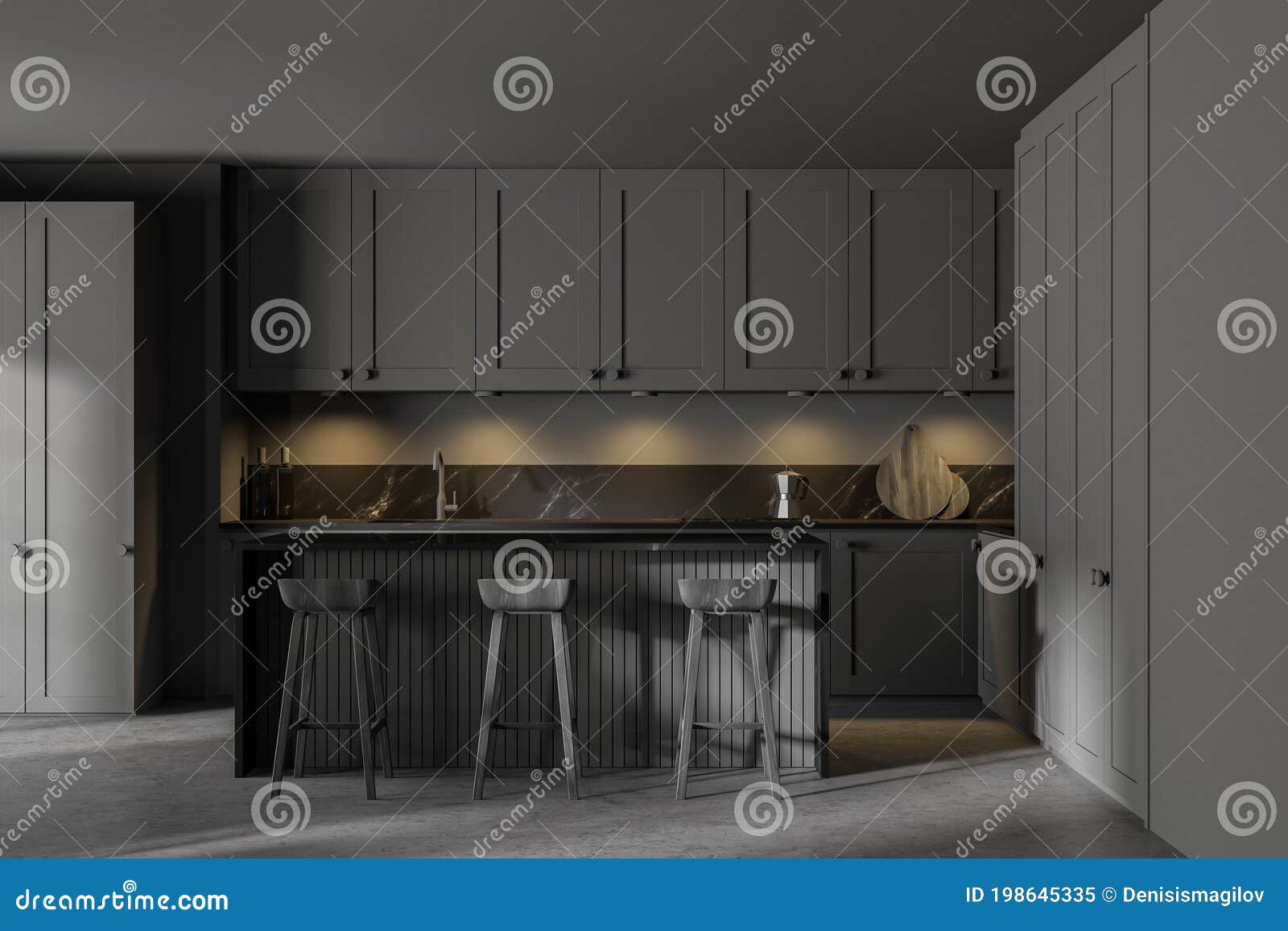 Modern Gray Kitchen with Bar Stock Illustration - Illustration of empty ...