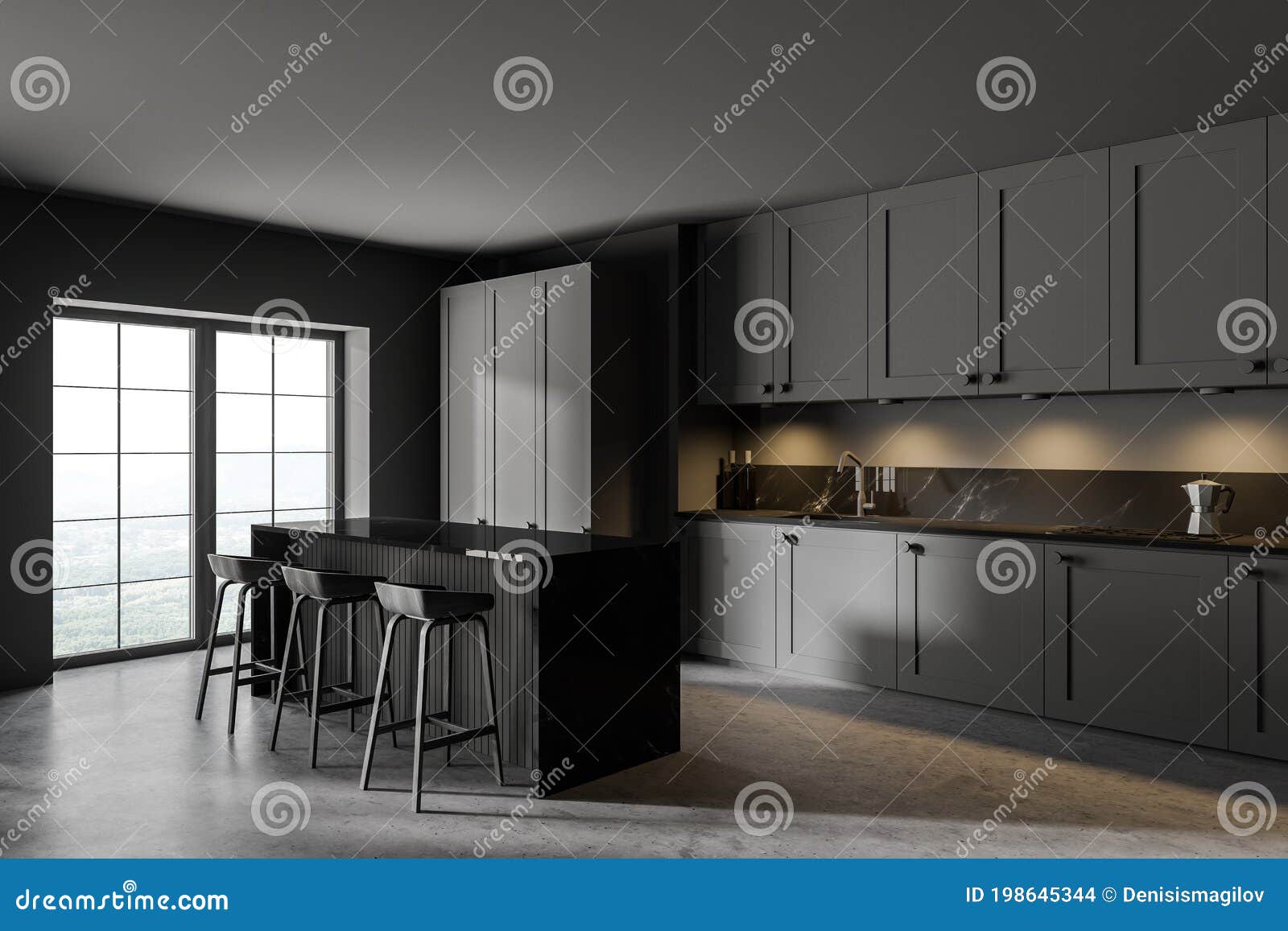 Modern Gray Kitchen Corner with Bar Stock Illustration - Illustration ...