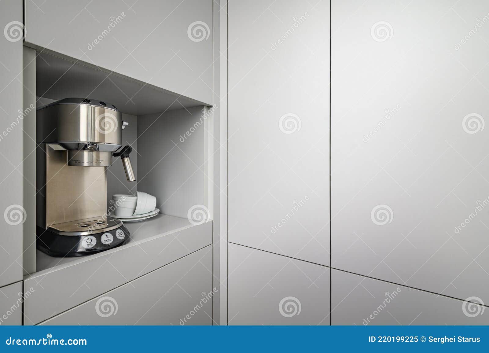 Modern Gray Kitchen Corner with Espresso Coffee Machine Stock Image ...