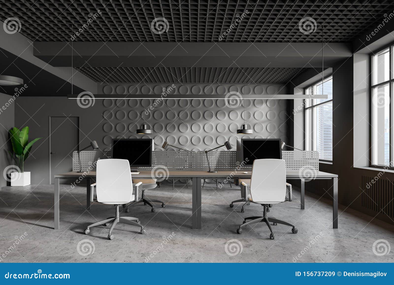 Modern Gray Office Workplace with Computers Stock Illustration ...