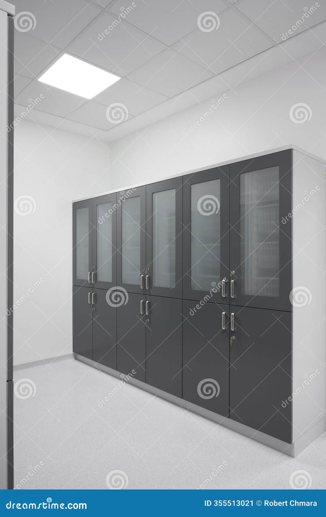 Modern Gray Storage Cabinets with Glass Doors Stock Image - Image of ...
