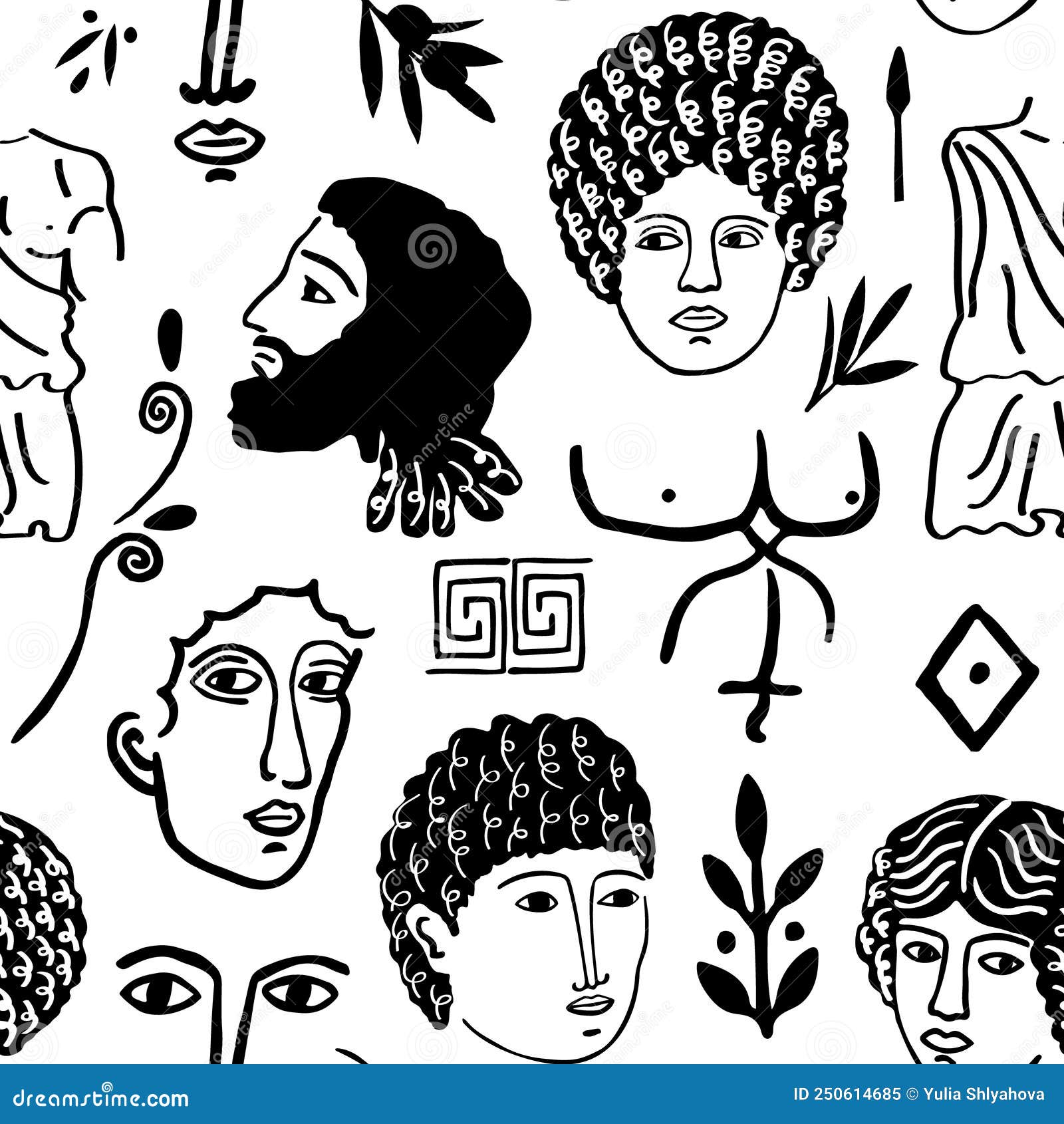 Modern Greek Pattern with Ancient Portraits and Faces. Stock Vector ...
