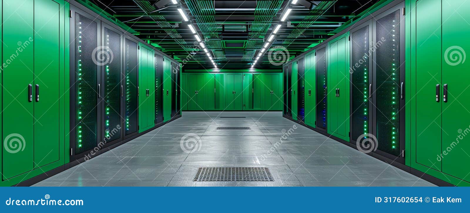 Modern Green Data Center Interior with Rows of Server Racks, Network ...