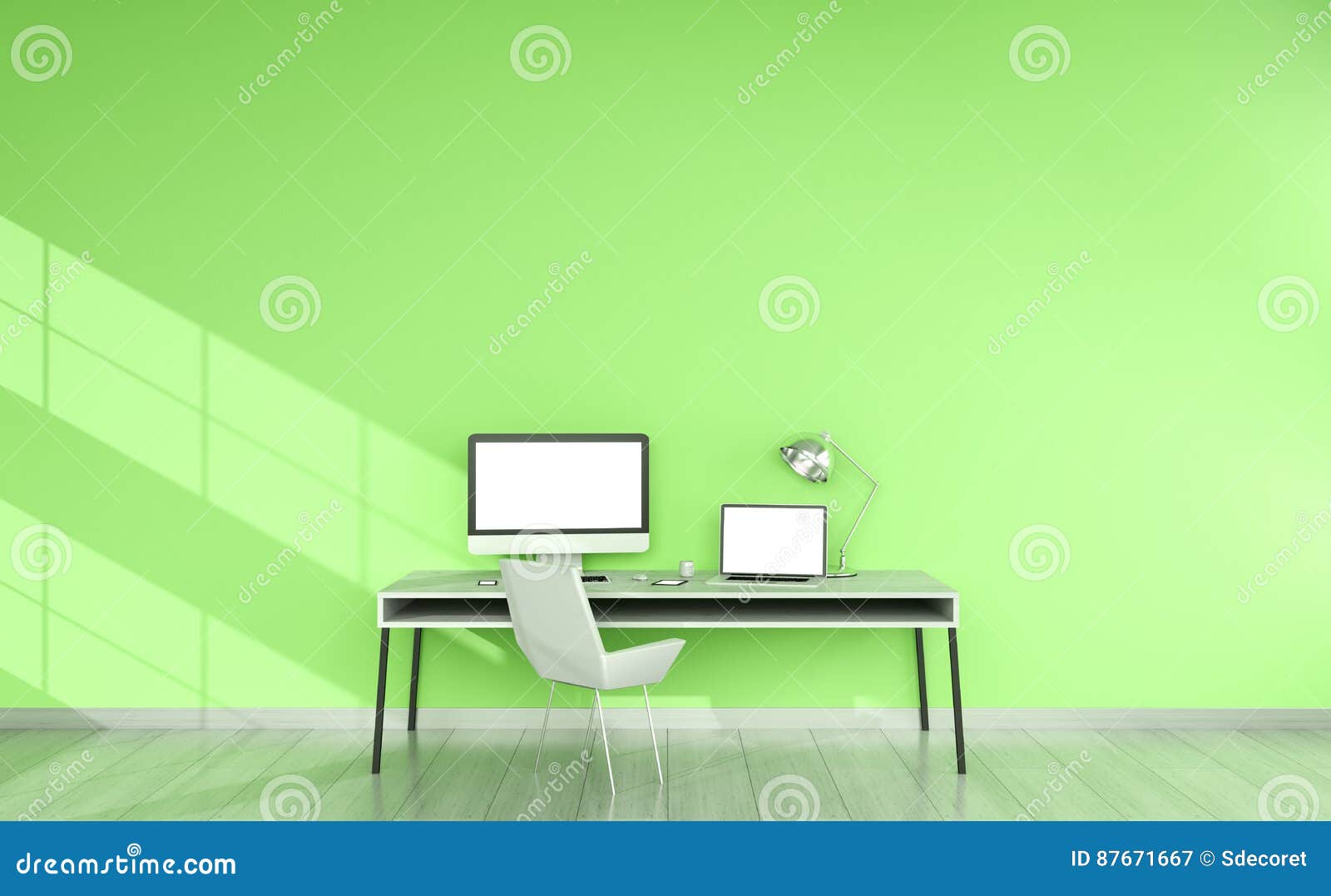 Modern Green Desktop Interior with Devices 3D Rendering Stock ...