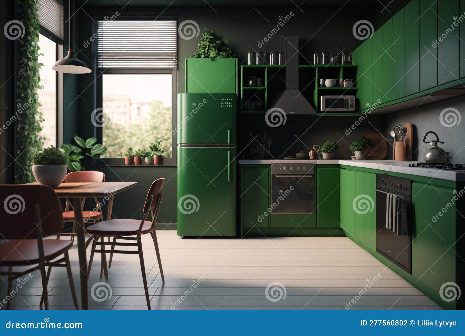 Modern Green Kitchen Interior Design with Dining Area, Generative AI ...