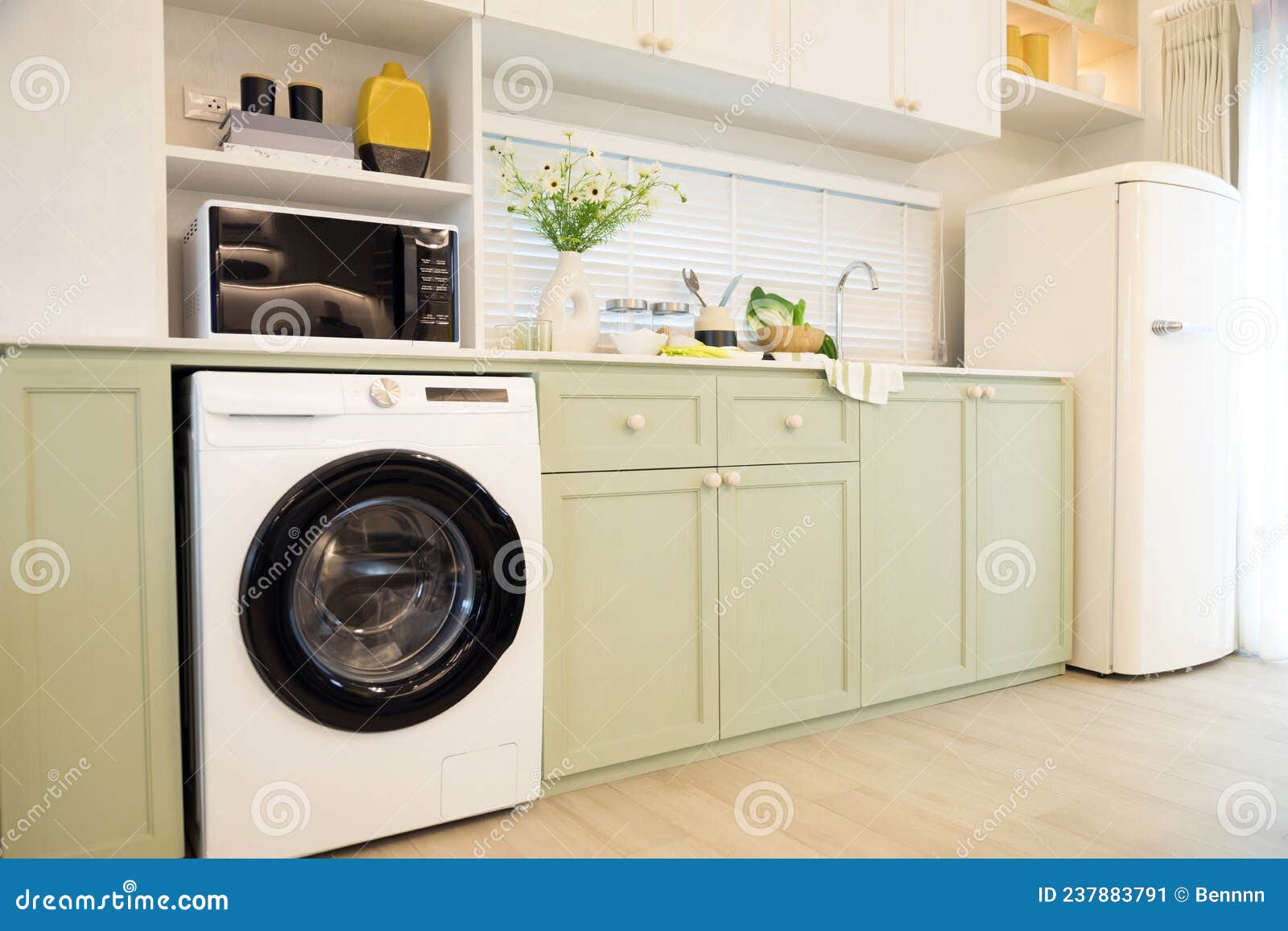 Modern Green Kitchen Interior with Washing Machine and Microwave. Stock ...