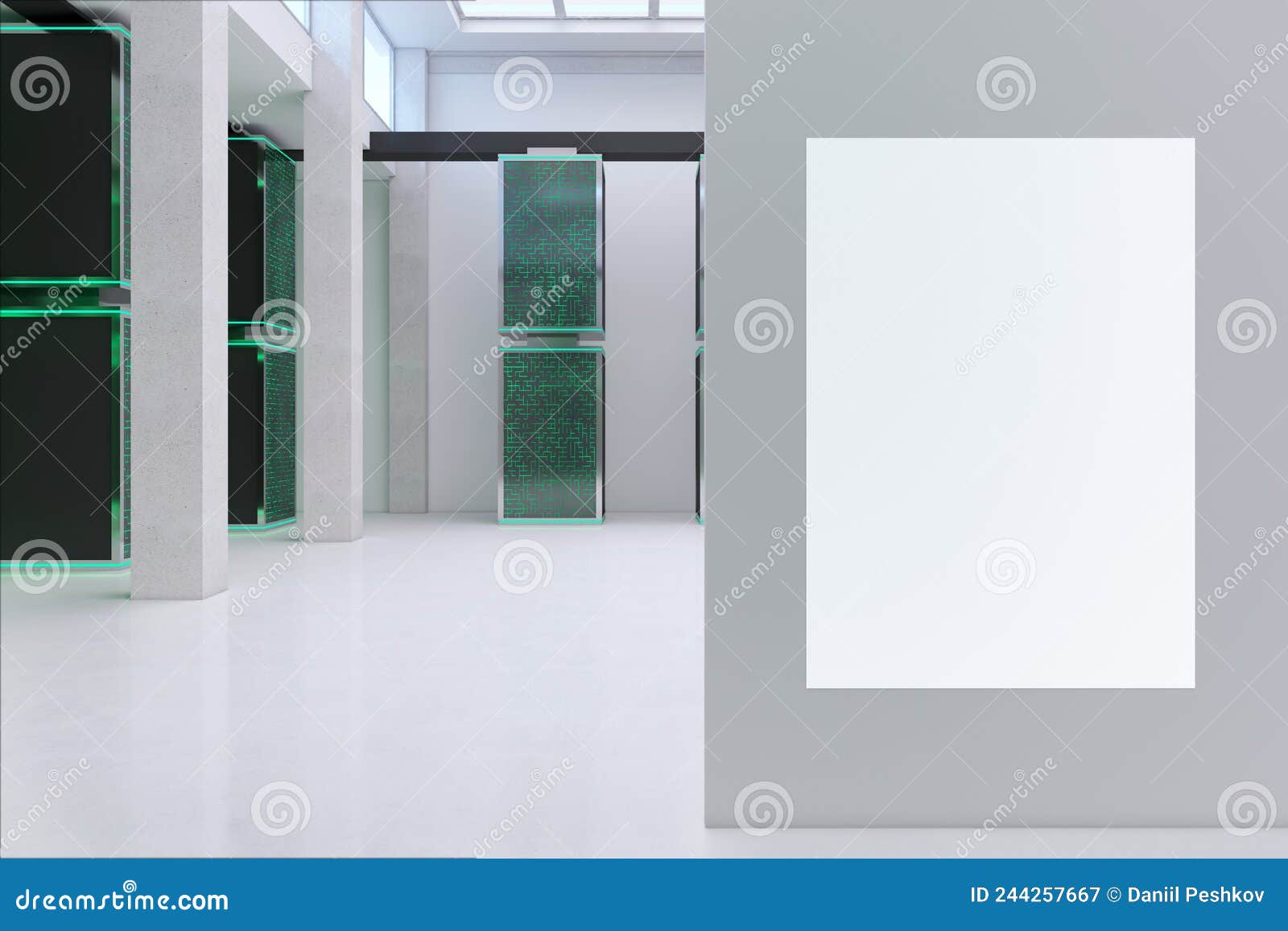 Modern Green Server Room Interior with Empty Mock Up Poster. Database ...
