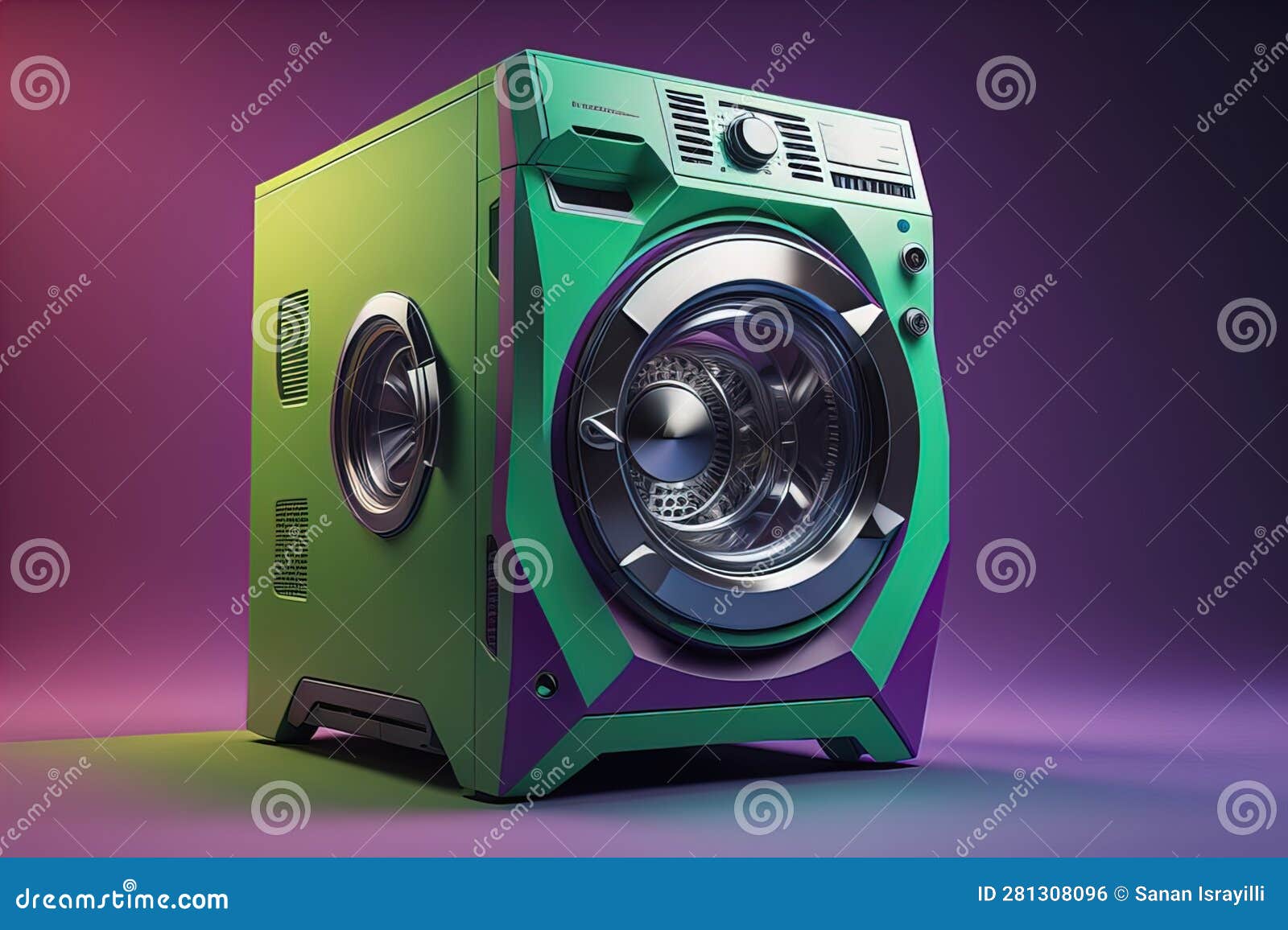 Modern Green Washing Machine on Purple Background. Generative Ai Stock ...