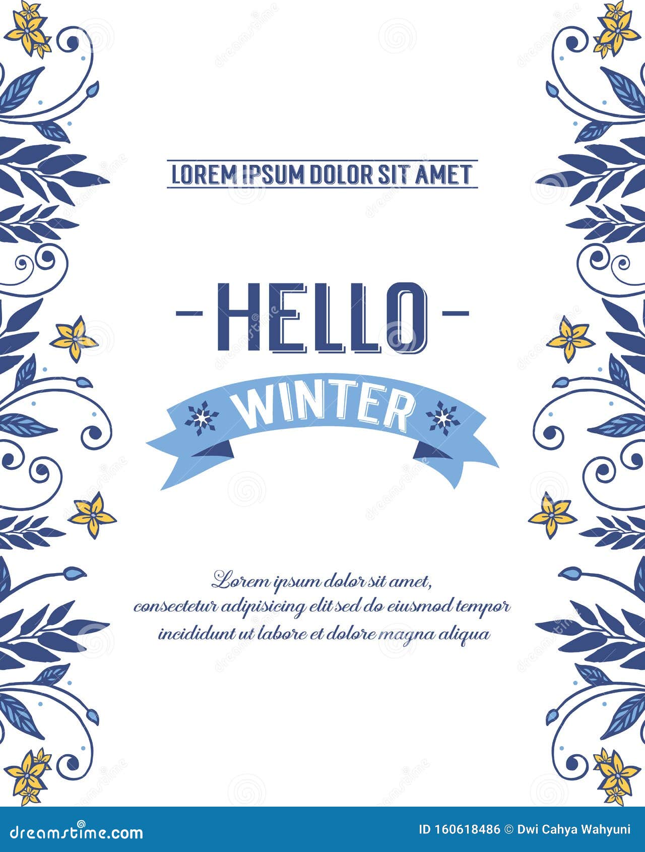 Modern Greeting Card Hello Winter, Nature Blue Leafy Flower Frame ...