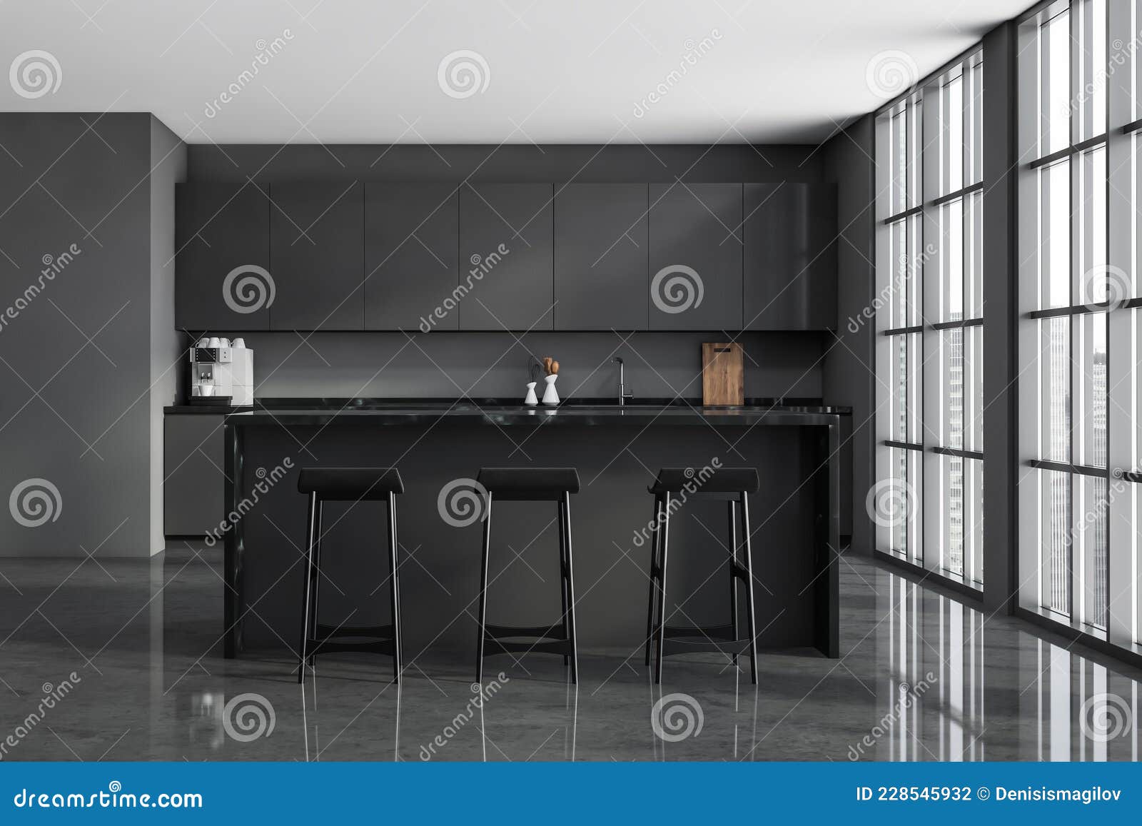 Modern Grey Kitchen Room with Breakfast Bar Stock Illustration ...