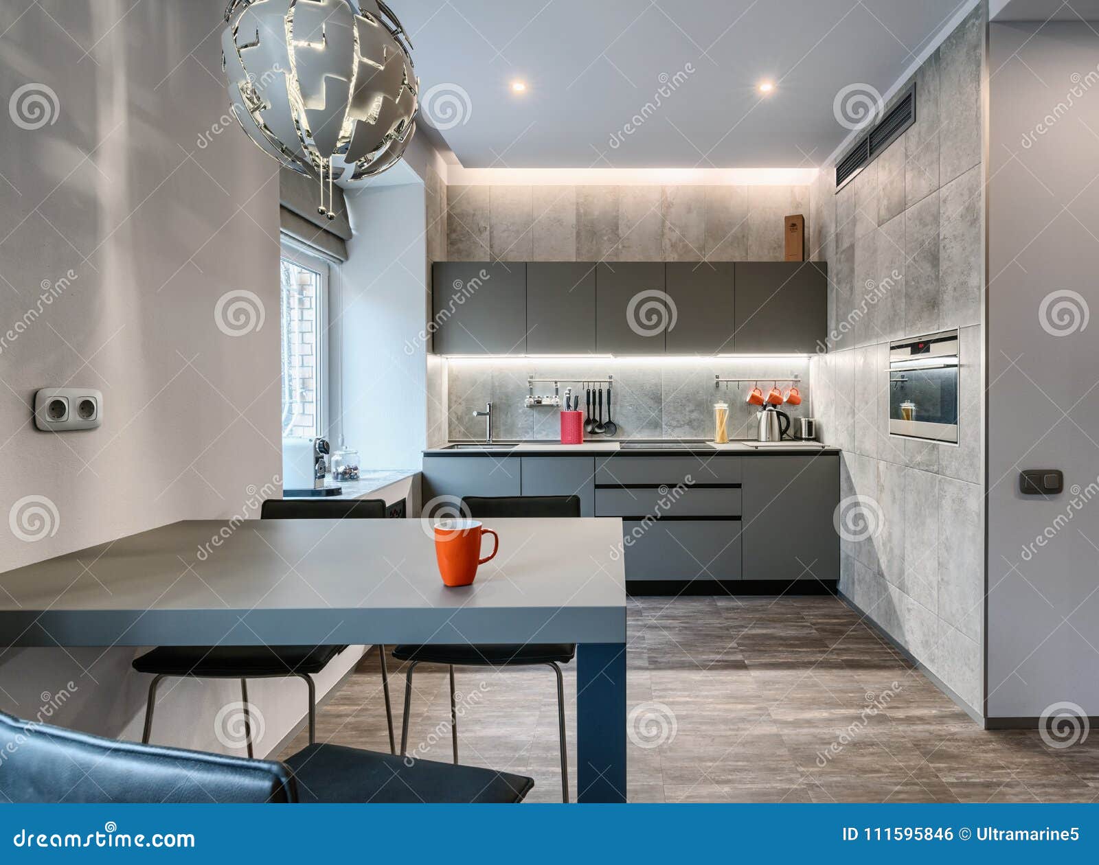 Modern Grey Studio Apartment Stock Photo - Image of kitchen, stylish ...