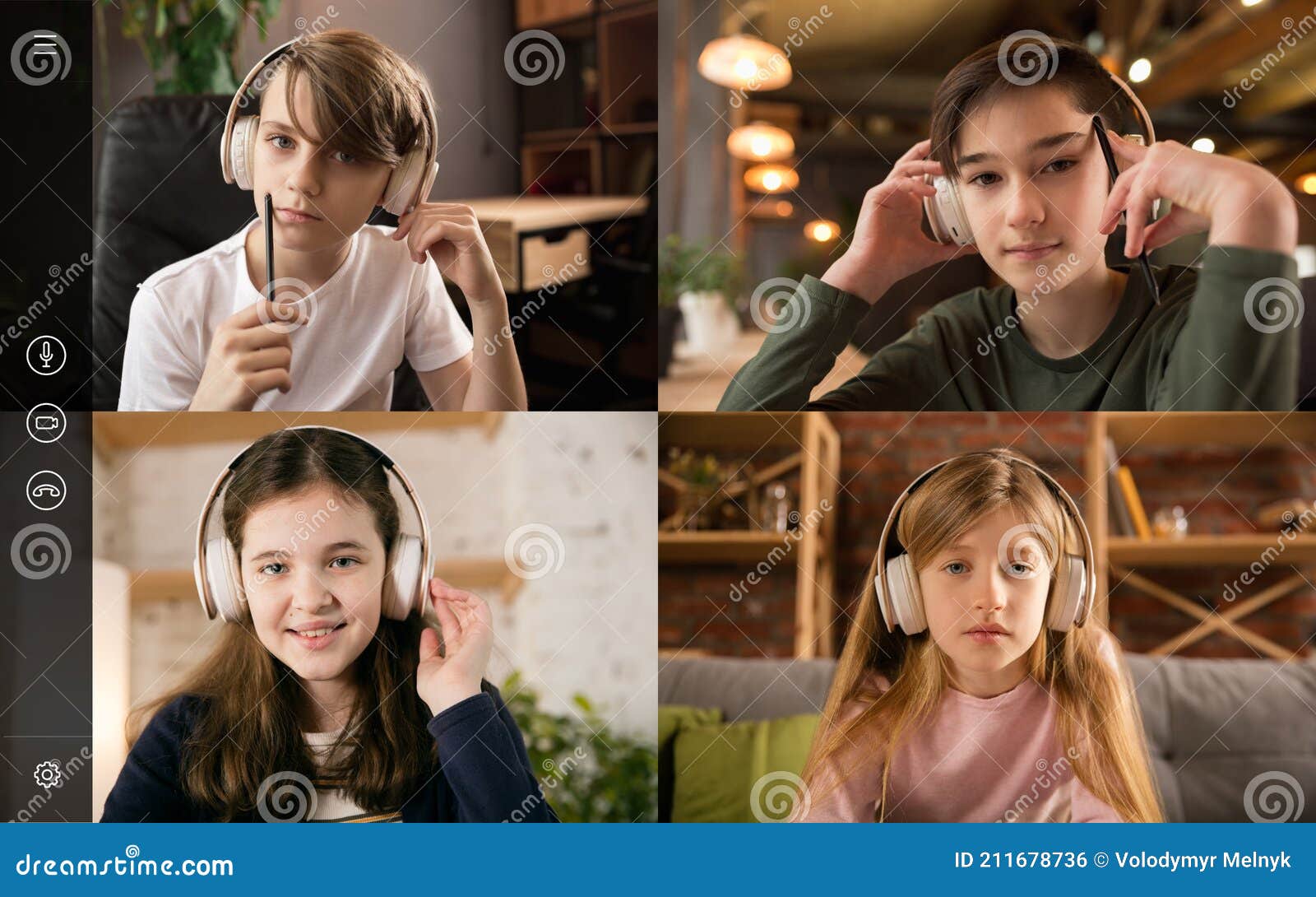Group of Kids, Class Studying by Group Video Call, Use Video Conference ...