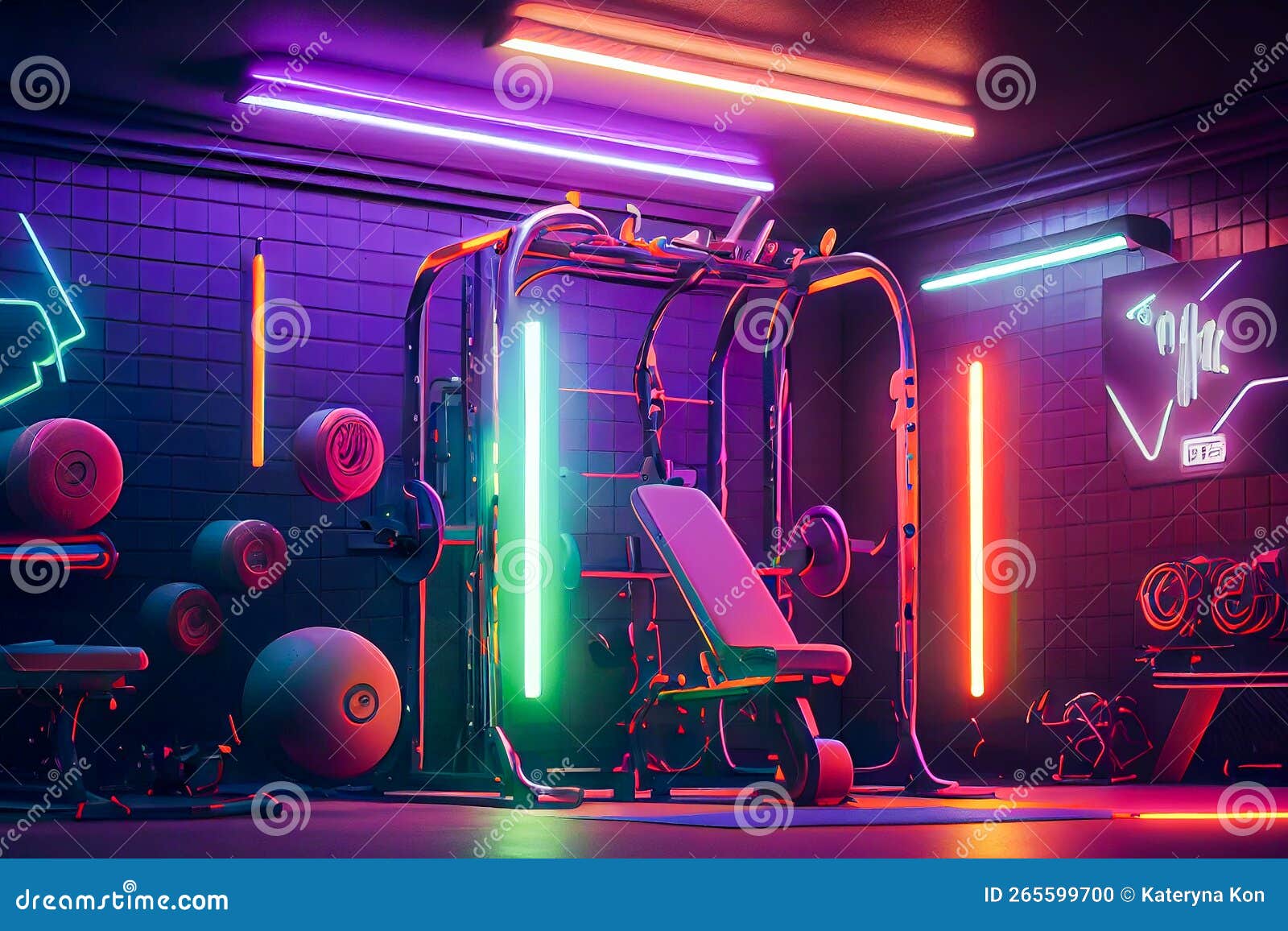 Modern Gym Interior with Neon Illumination, Ai Illustration Stock ...