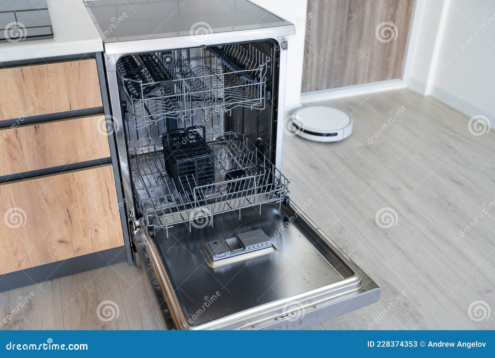 Modern Half Open Empty Dishwasher in a Modern Kitchen Stock Image ...
