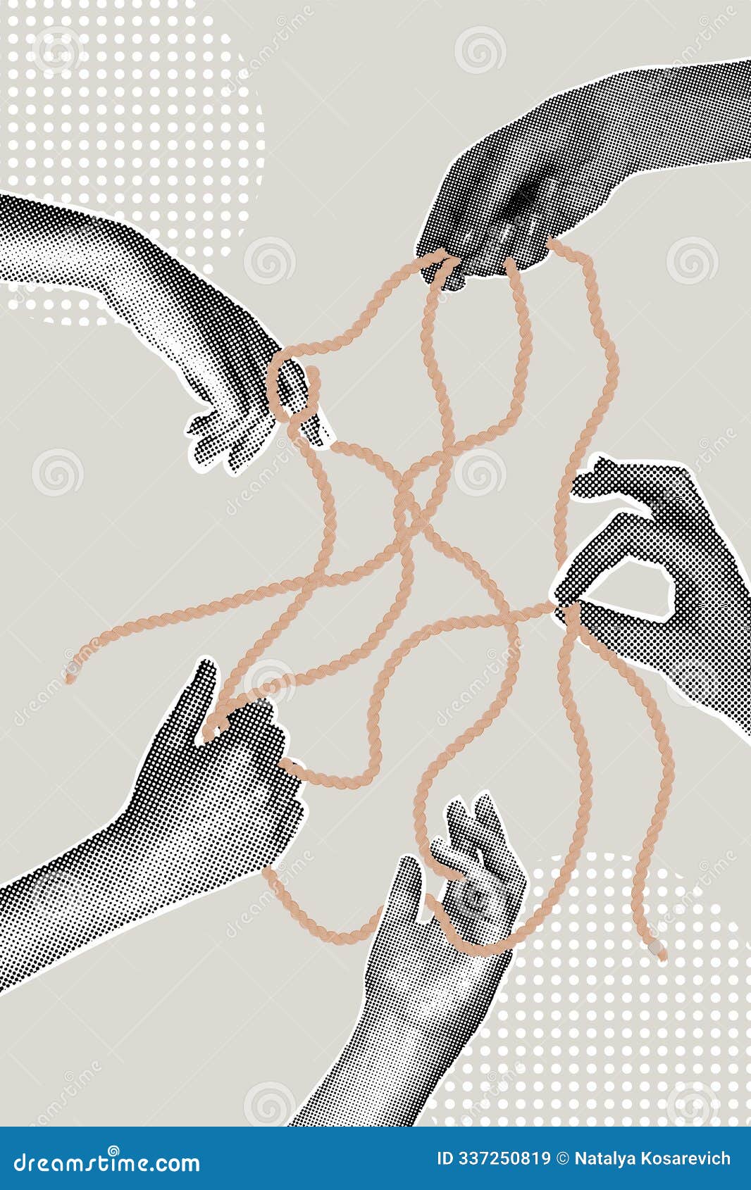 Modern Halftone Collage. Human Hands Connected by Rope, Retro Collage ...
