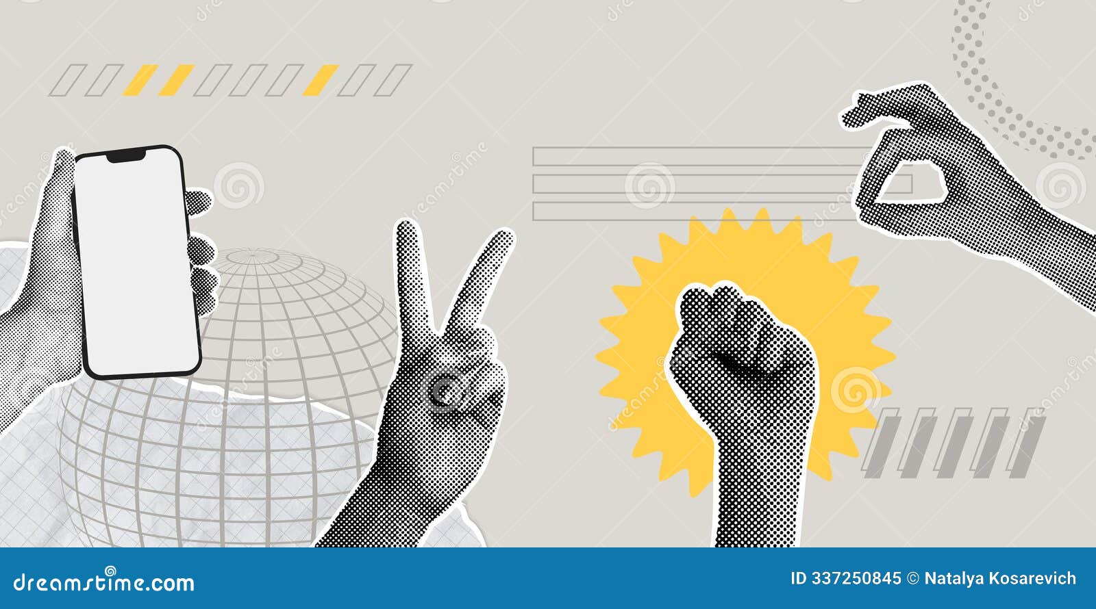 Modern Halftone Collage. Human Hands and Gestures Ok, Victory, Peace ...