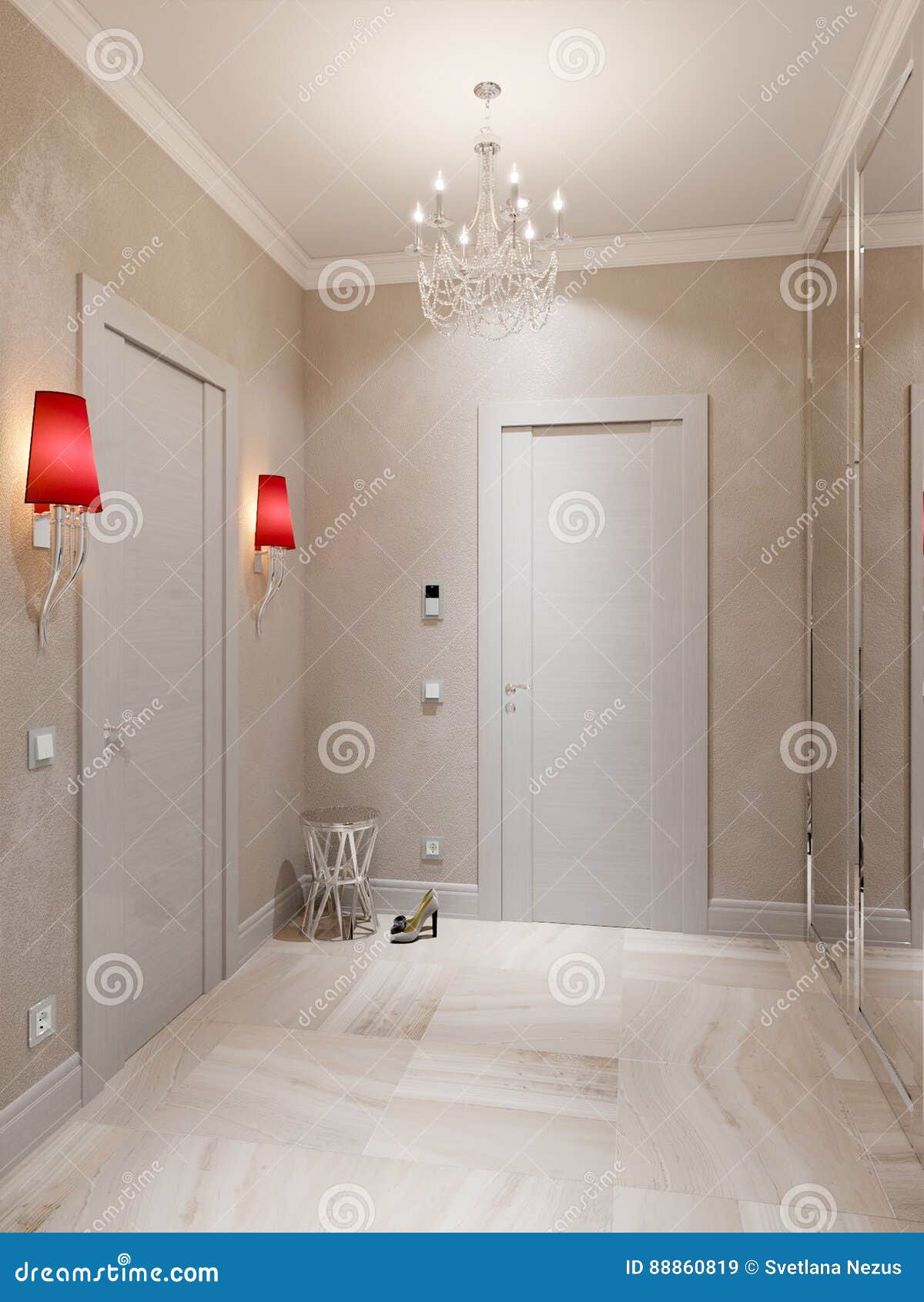 Modern Hall Interior Design with Marble Tiles Floor and Beige Stock ...