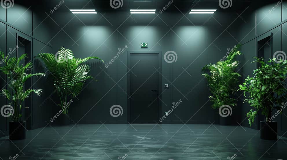 Modern Hallway with Green Plants and Exit Sign Stock Illustration ...