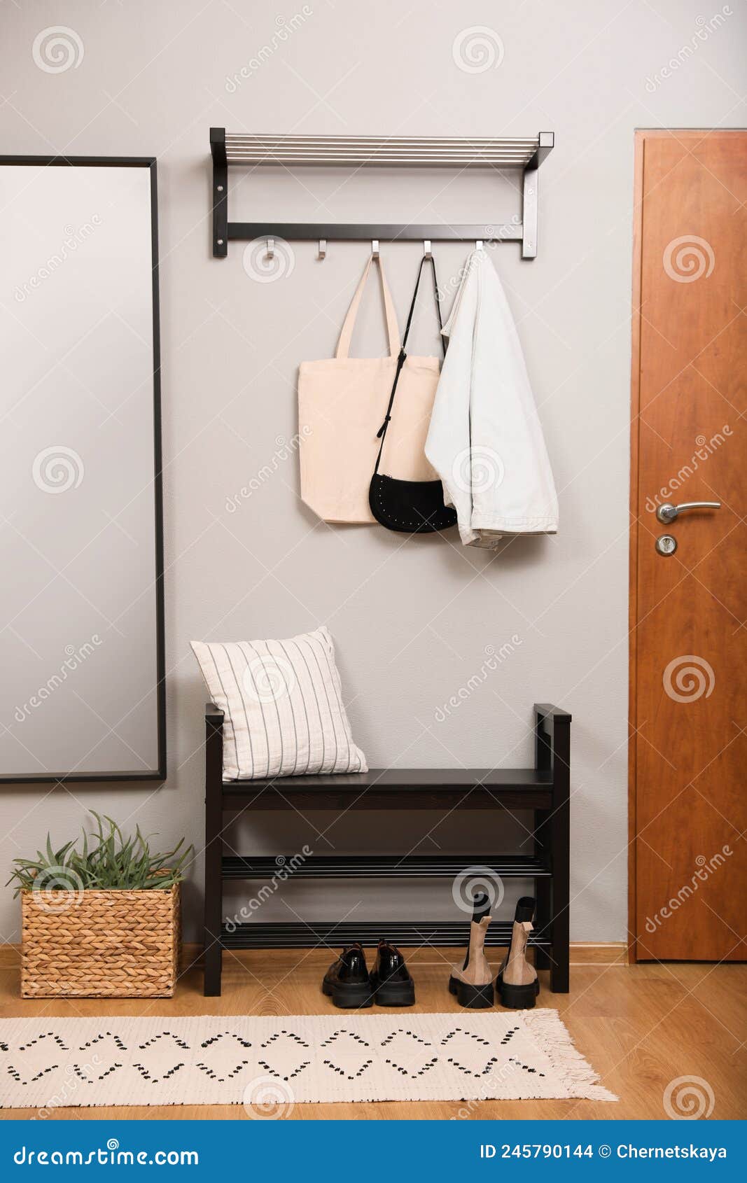 Modern Hallway Interior with Shoe Rack and Mirror Stock Photo - Image ...