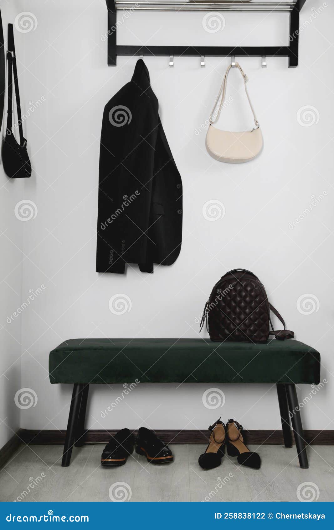 Modern Hallway Interior with Stylish Bench and Clothes Stock Photo ...