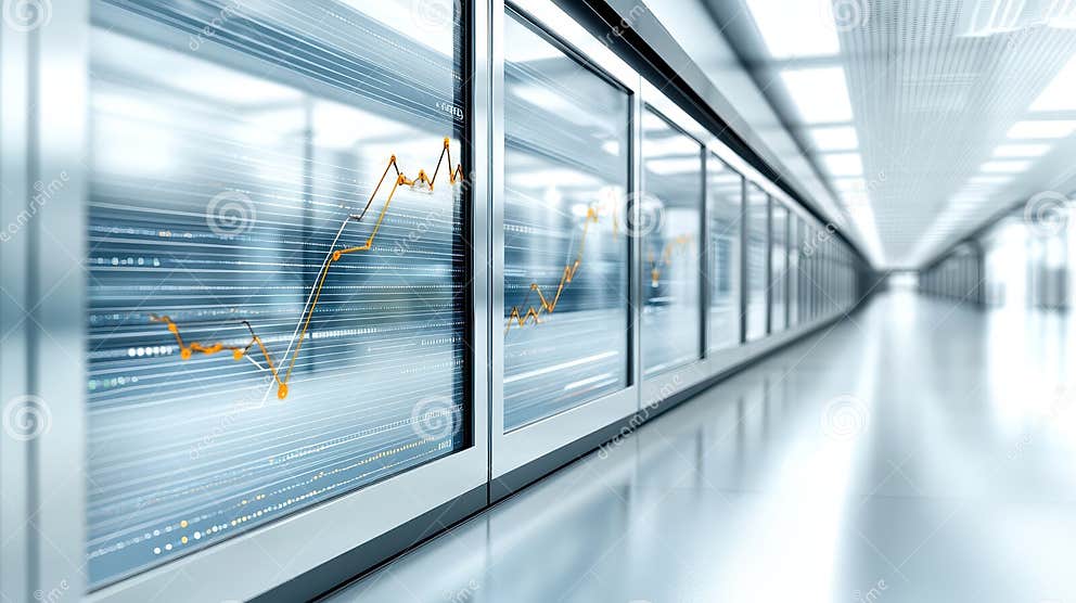 Modern Hallway with Large Digital Display Screen Showcasing Graphs ...