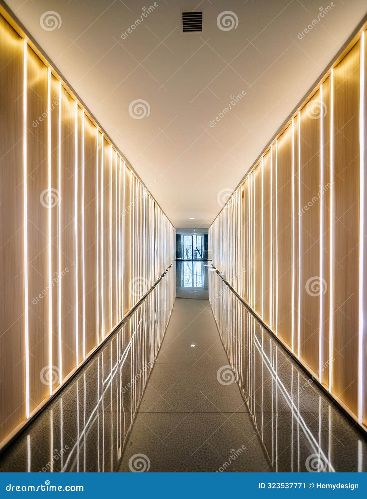 A Modern Hallway Lit with Vertical Lights Reflecting on a Glossy Floor ...