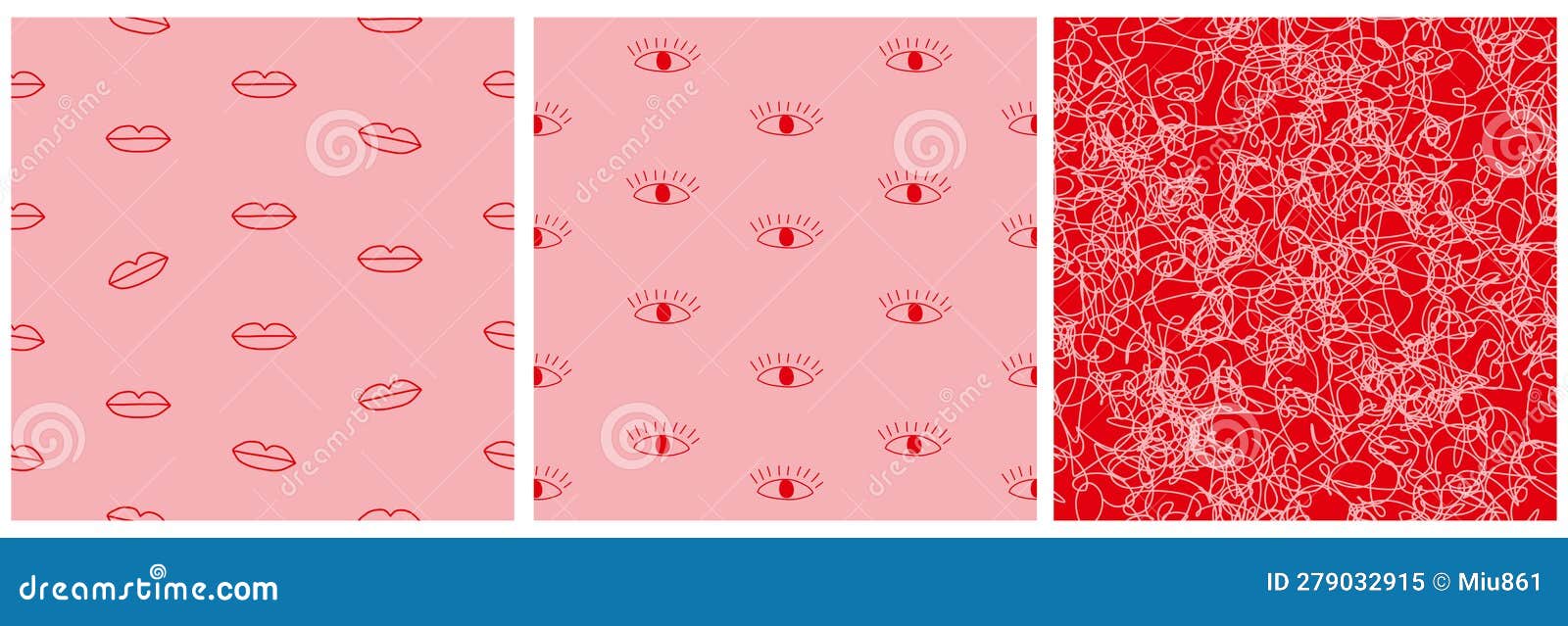 Pink-Red Abstract Doodle Vector Seamless Patterns with Lips, Eyes and ...