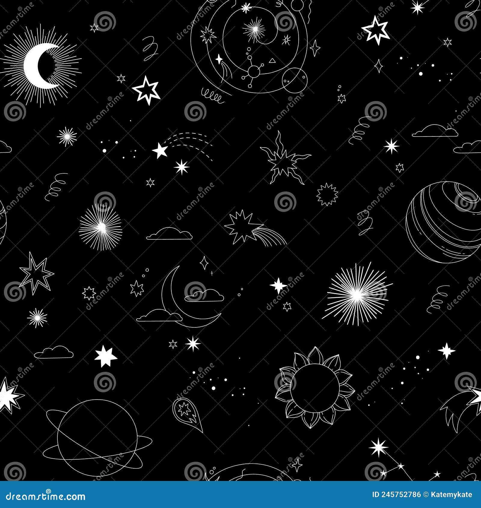 Modern Hand Drawn Vector Seamless Pattern - Cosmos and Planets, Stars ...
