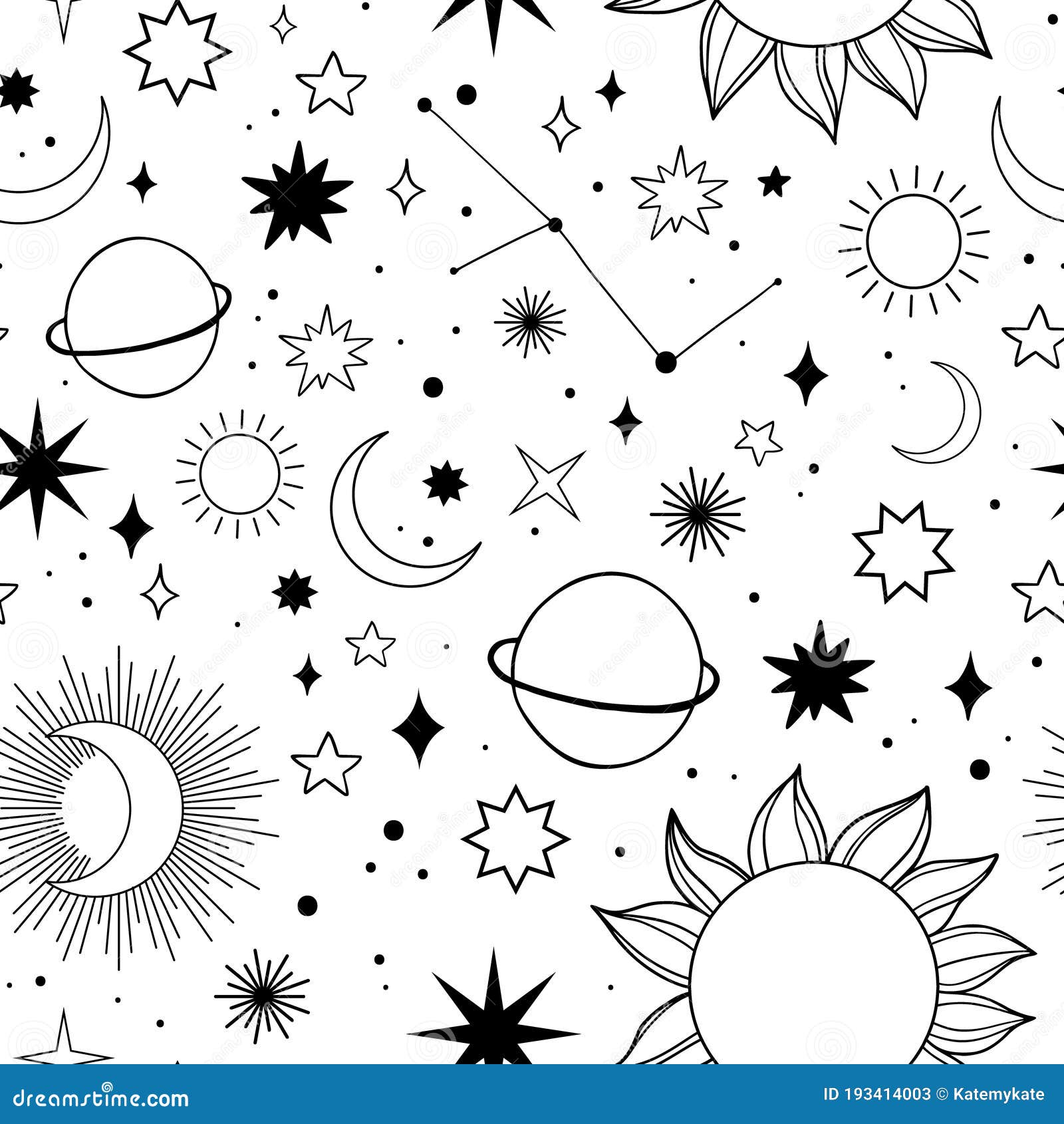 Modern Hand Drawn Vector Seamless Pattern of Planet, Star, Sun, Comet ...
