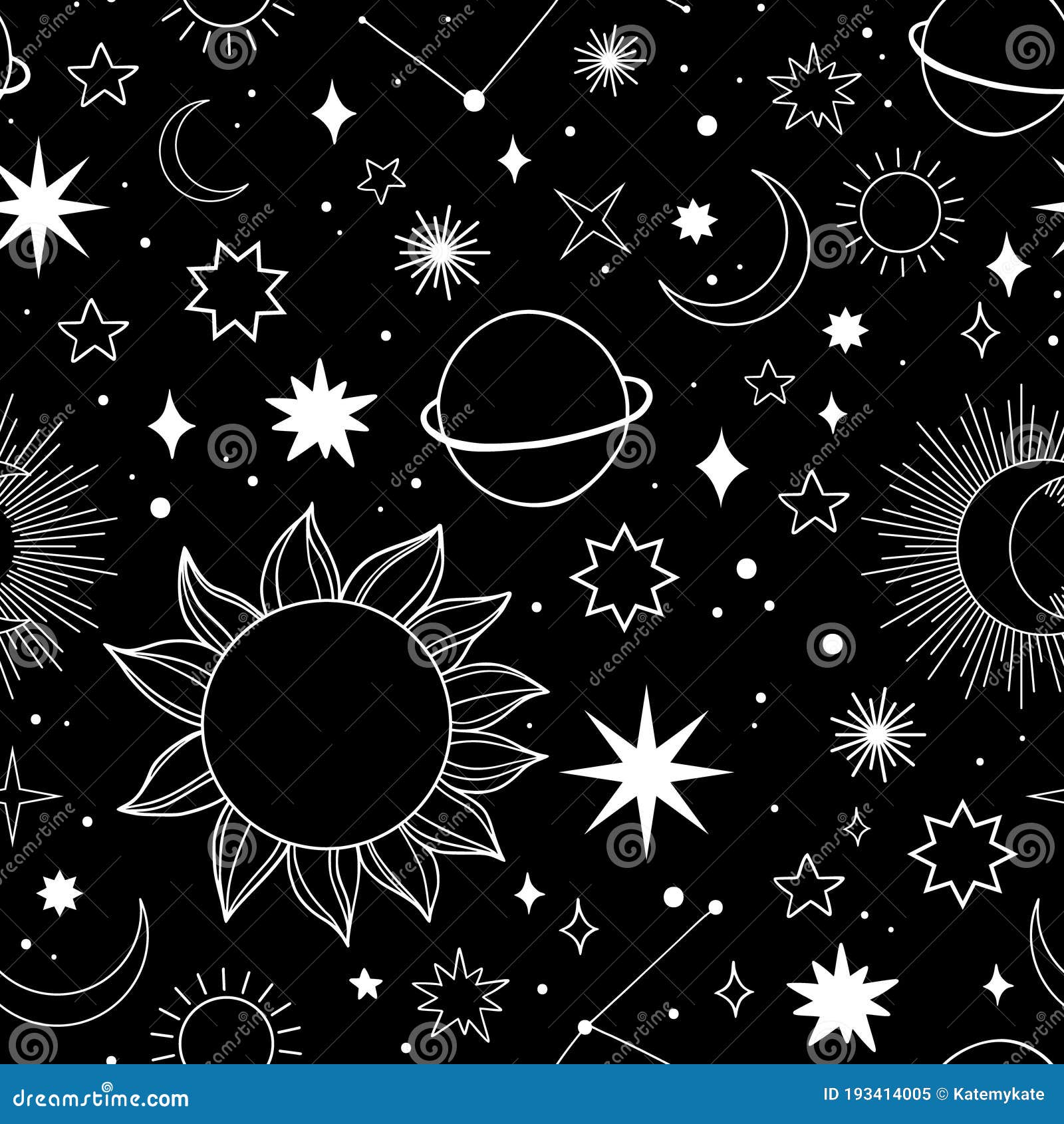 Modern Hand Drawn Vector Seamless Pattern of Planet, Star, Sun, Comet ...