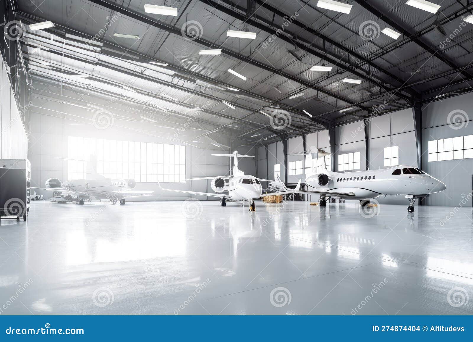 Modern Hangar with Sleek, High-tech Planes and Equipment Stock Illustration - Illustration of ...