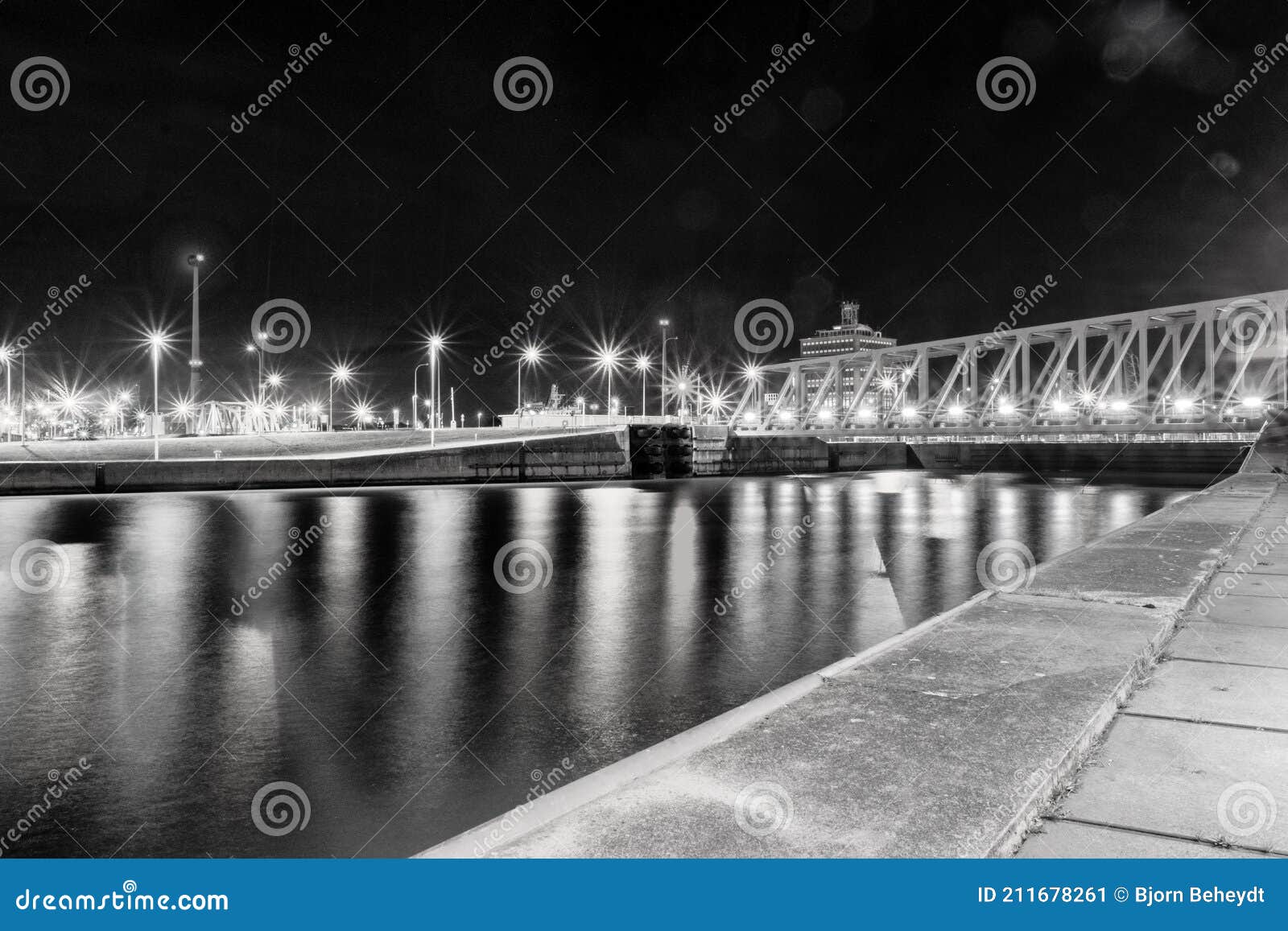 Modern Harbor by the River and Bridge Stock Image - Image of white ...