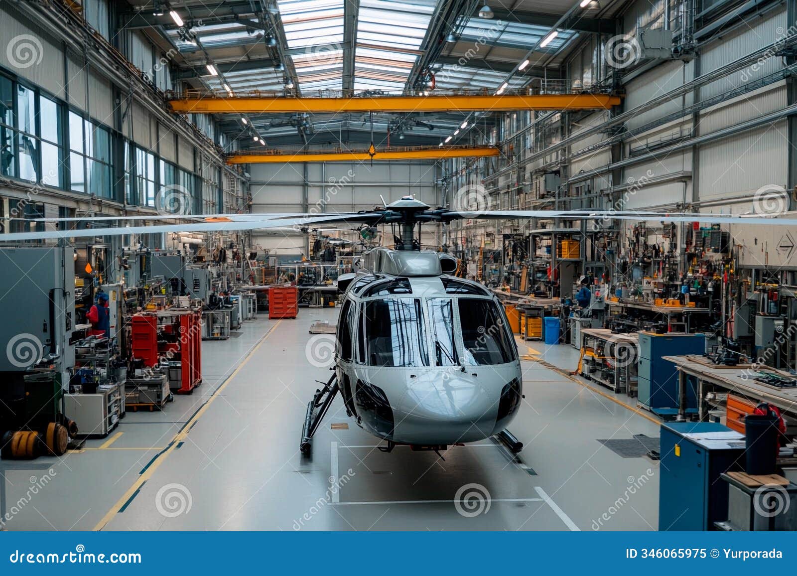 Modern Helicopter Assembly in a Bustling Manufacturing Facility ...