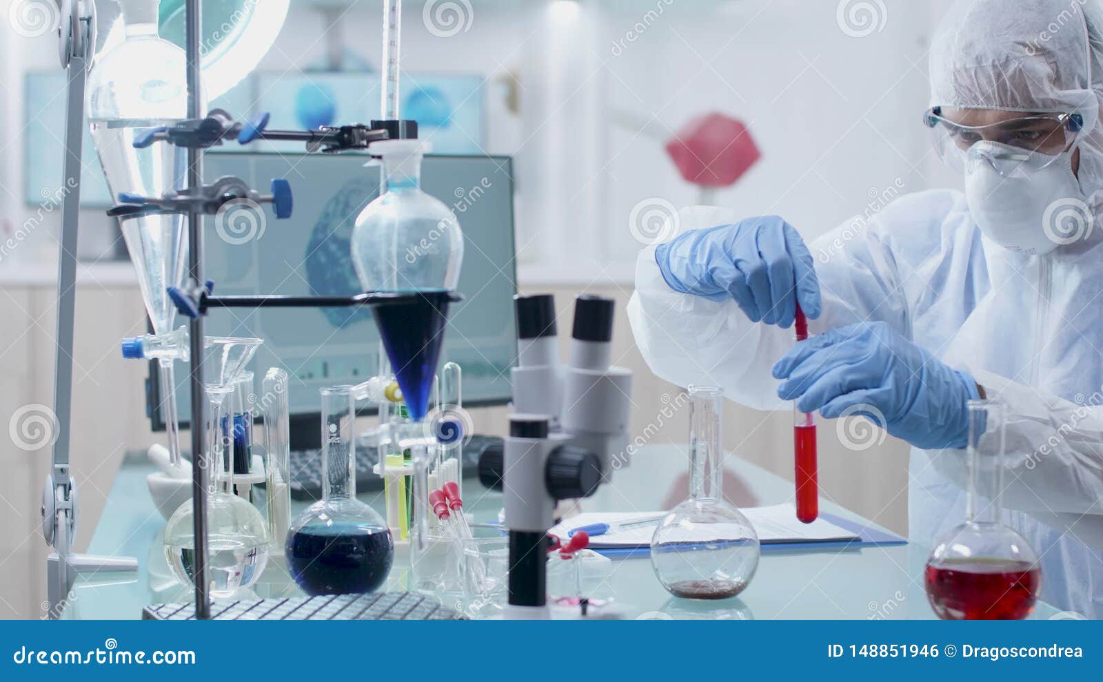 In Modern High End Laboratory Scientist in Coverall is Taking Various ...