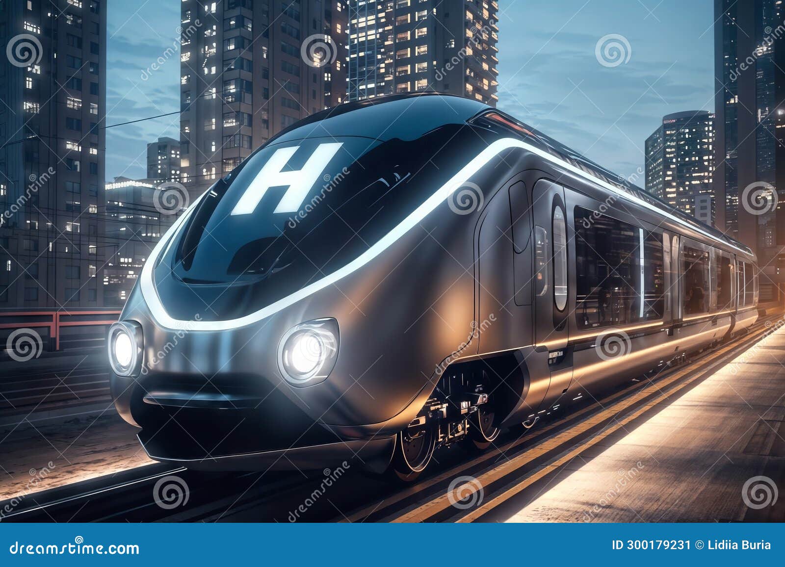 Modern High-speed Hydrogen Train on the Street at Night. 3D Rendering ...