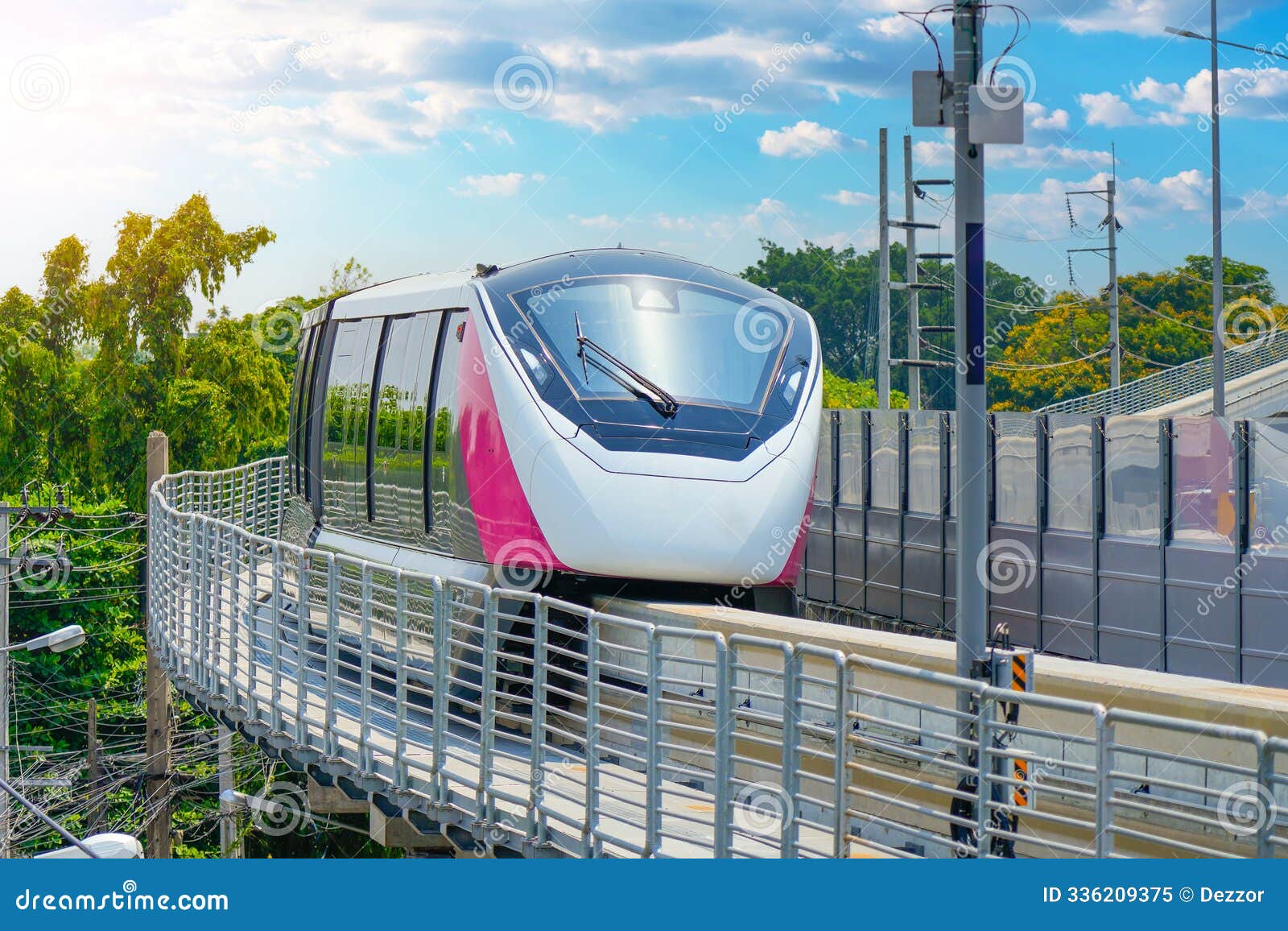 Modern High Speed Monorail Train Turn Passes Race Station on the Stage ...