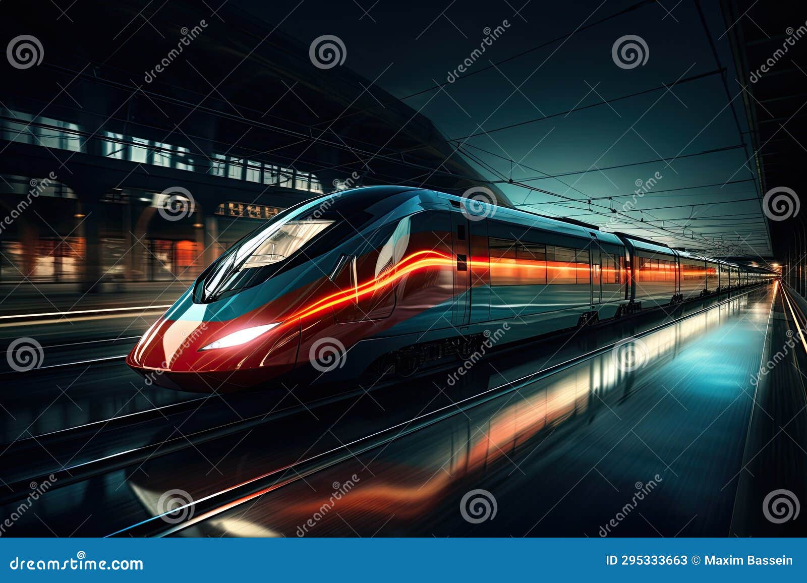 Modern High-speed Passenger Train in the Night Lights. Generated by AI ...