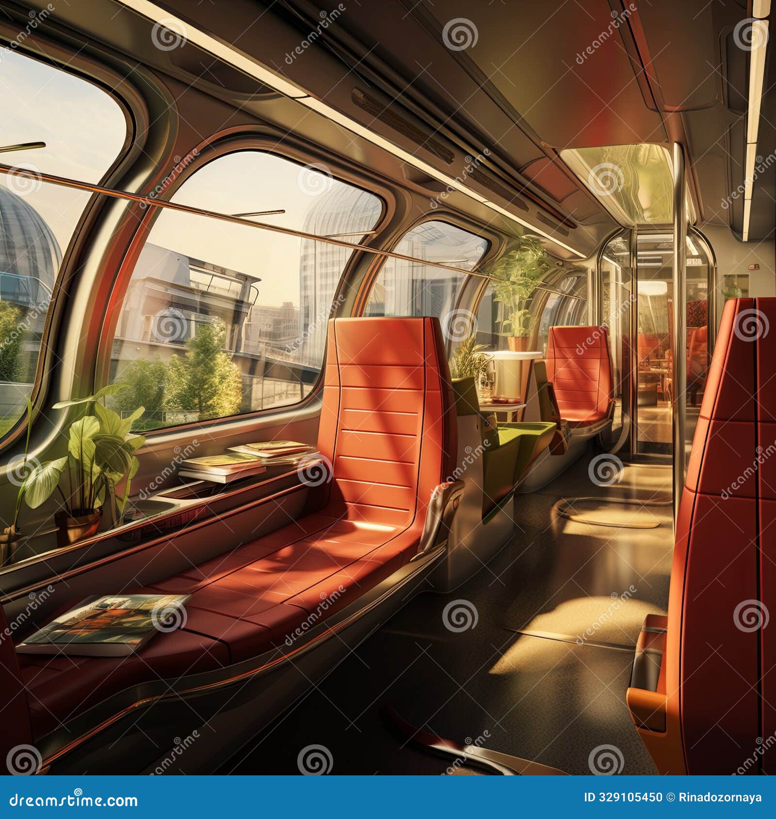 Modern High-Speed Train Interior with Red Seats and Panoramic Windows ...