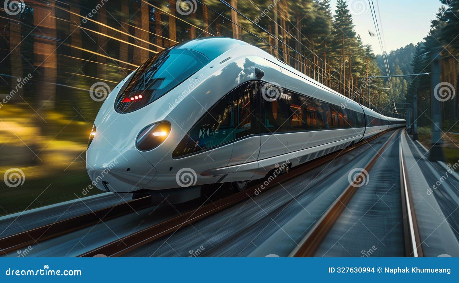 A Modern High-speed Train Races Along Tracks through a Dense Forest ...