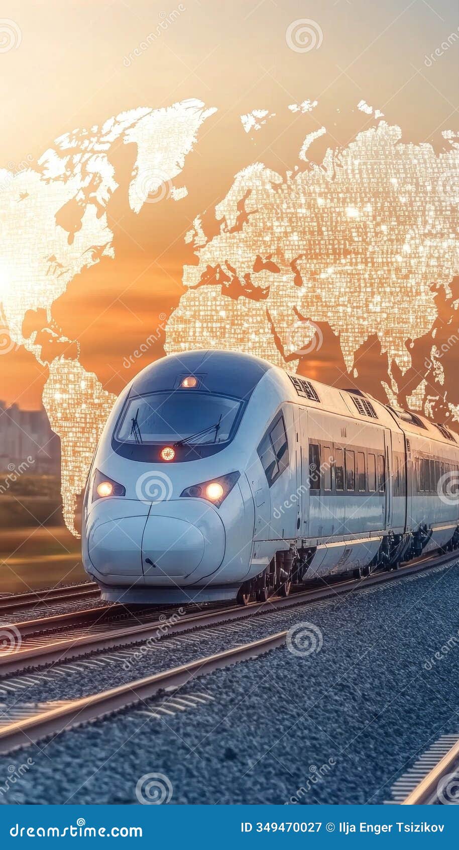 Modern High-Speed Train Races Toward a Digital World Map, Symbolizing ...