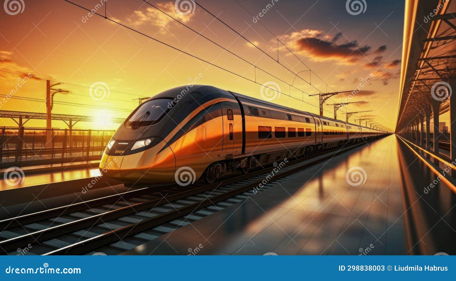 Modern High-speed Train on the Railroad at Sunset. Shallow Depth of ...