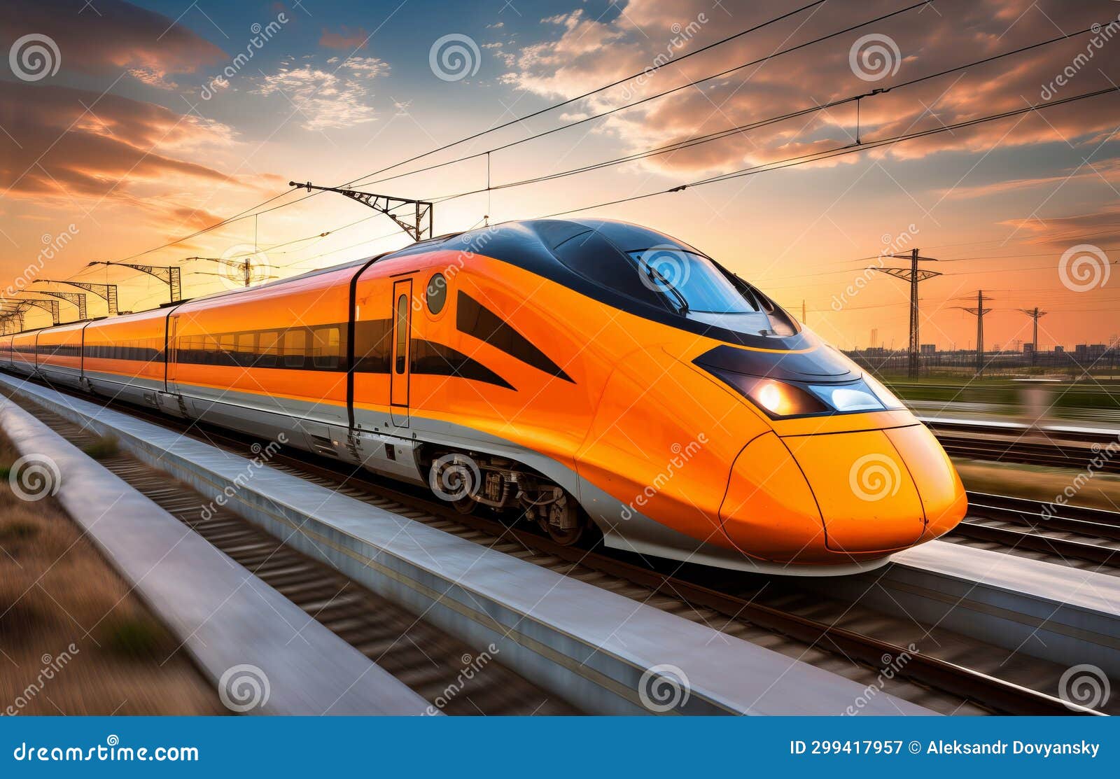 A Modern High-speed Train Runs on the High-speed Rail Outside the City ...