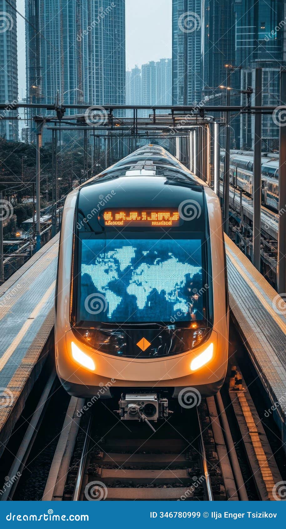 Modern High-Speed Train with World Map Display, Representing Global ...