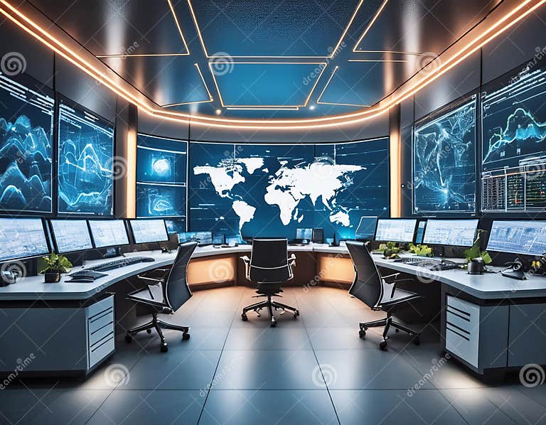 A Modern, High-tech Control Room with Glowing Screens and a Central ...