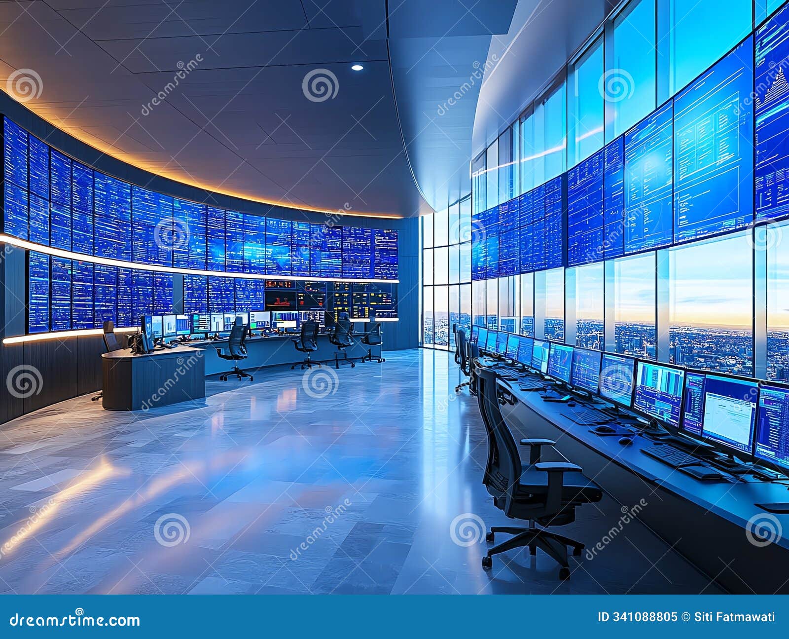 Modern, High-tech Control Room with Large Screens Displaying Data and a ...