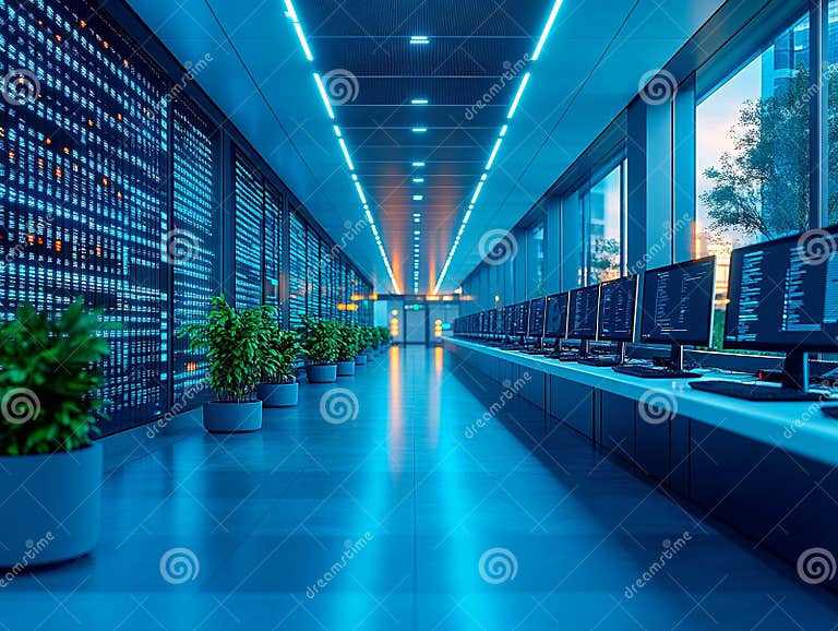 A Modern, High-tech Control Server Room with Multiple Computer Monitors ...